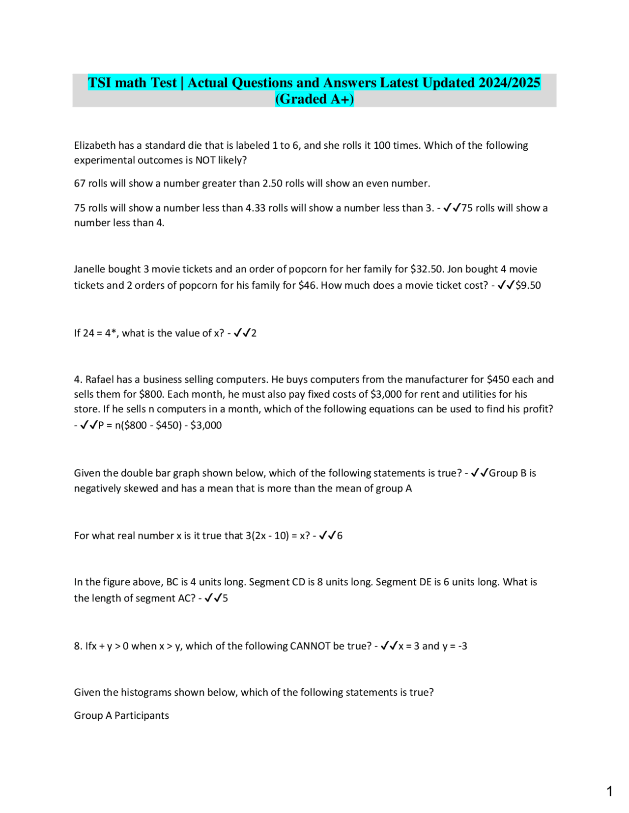TSI math Test | Actual Questions and Answers Latest Updated 2024/2025 ...