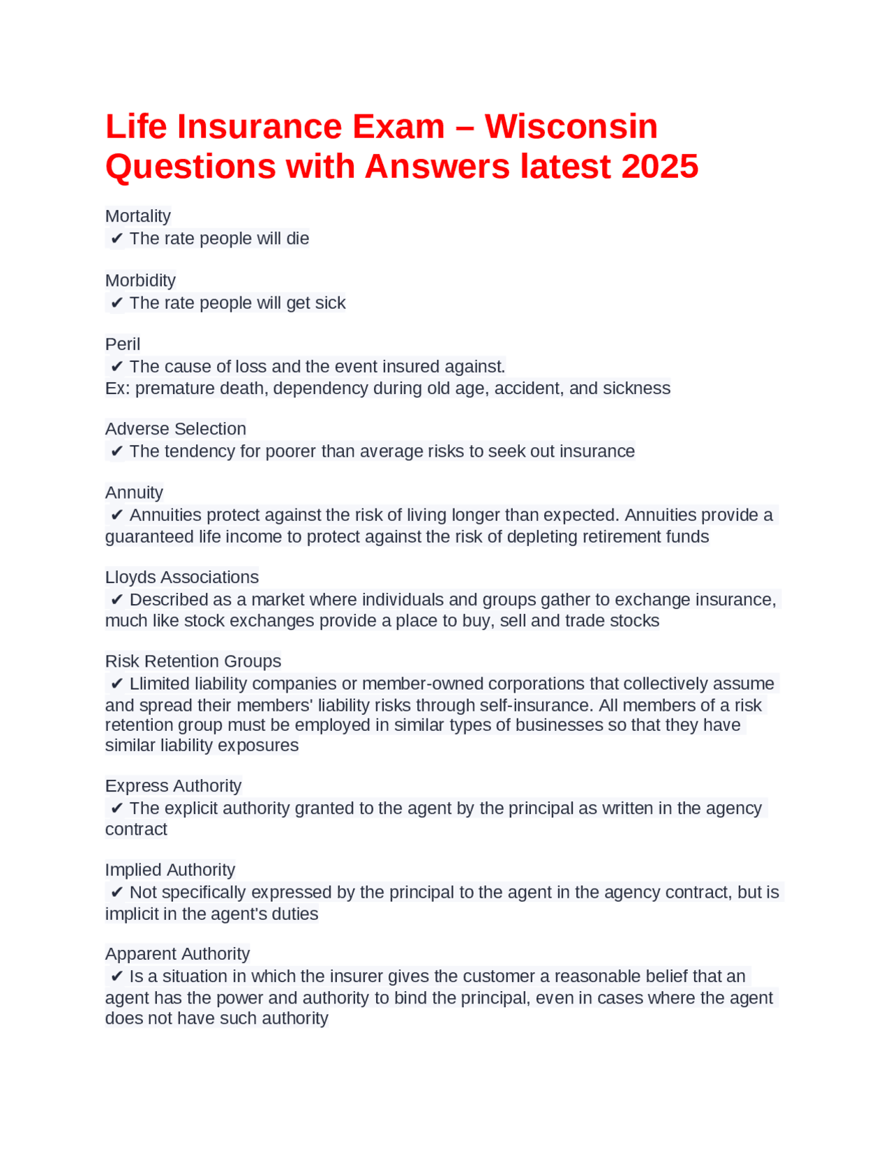 Life Insurance Exam Questions and Answers (Wisconsin, 2025) | Exams Law ...