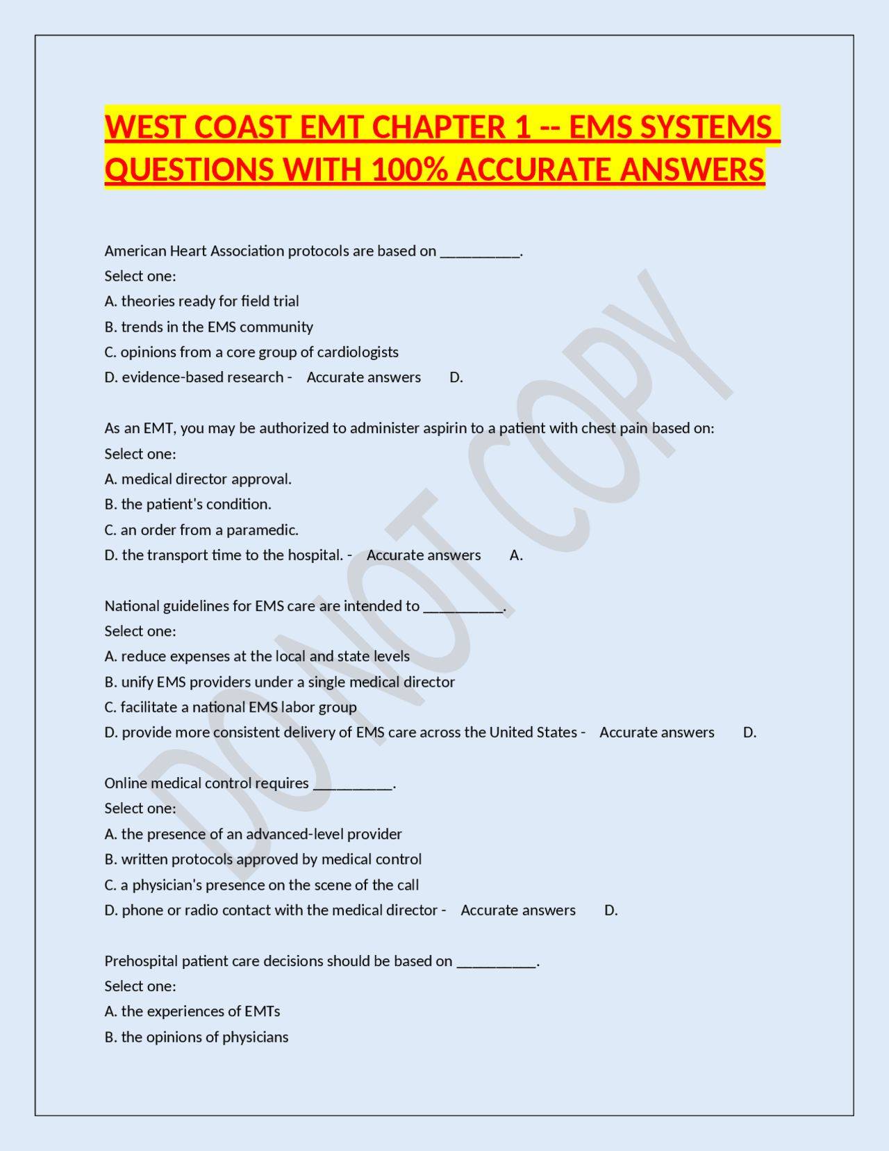 West Coast EMT – Chapter 1 EMS Systems Questions with 100% Accurate ...