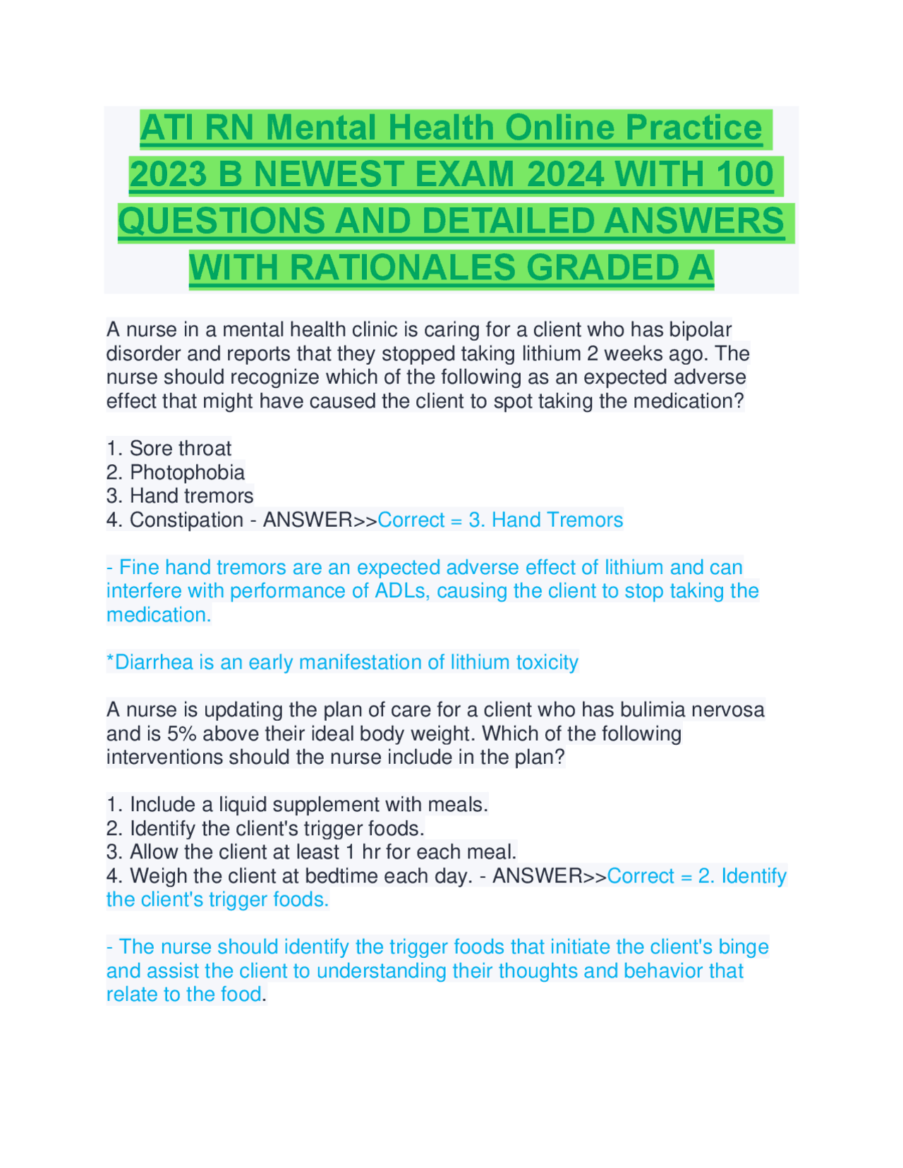 Mental Health Nursing Practice Exam: Questions and Answers 2024 | Exams ...