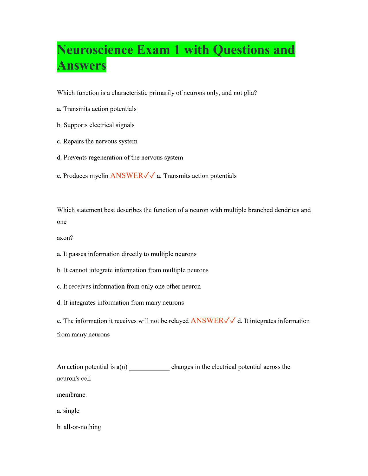 Neuroscience Exam 1 with Questions and Answers | Exams Nursing | Docsity