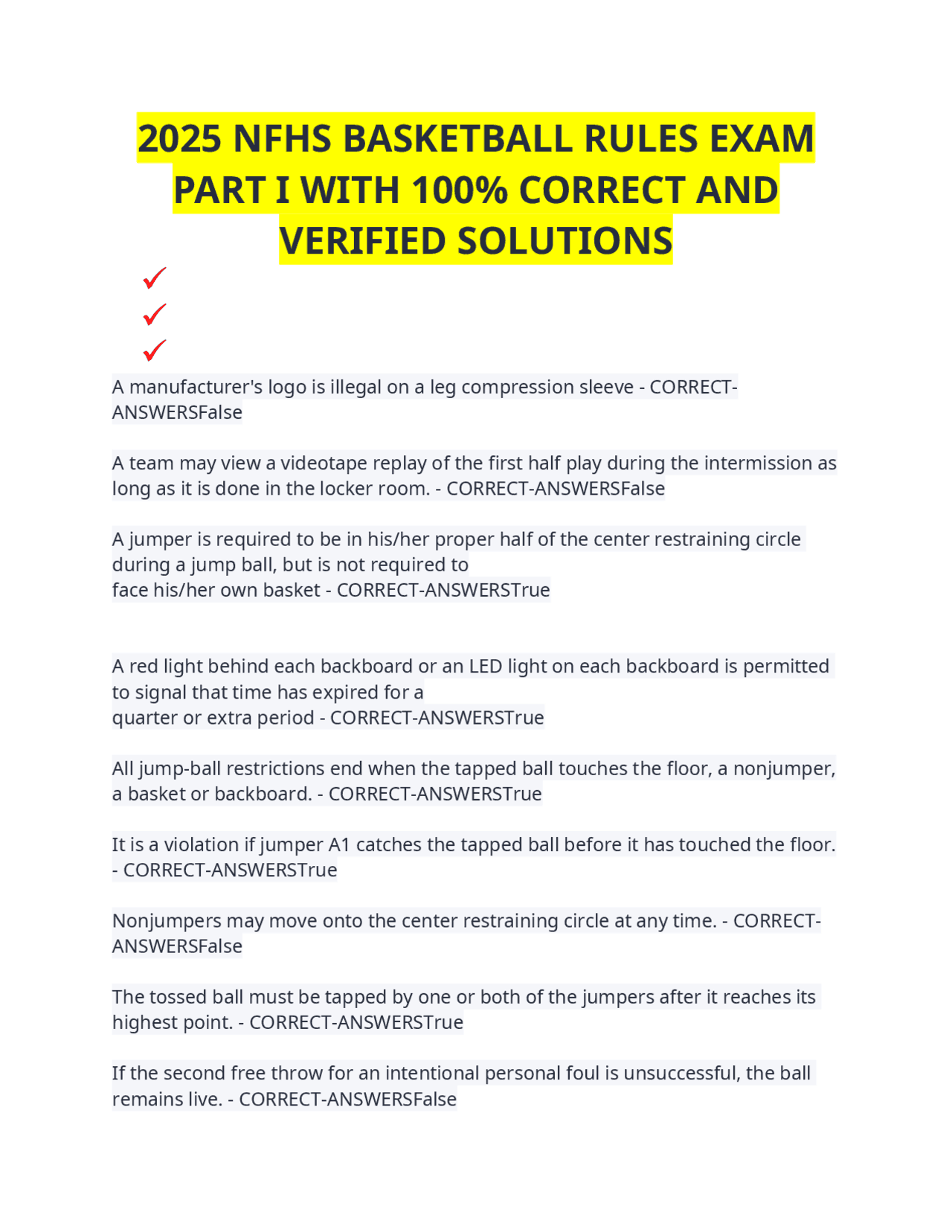 2025 NFHS BASKETBALL RULES EXAM PART I WITH 100% CORRECT AND VERIFIED ...