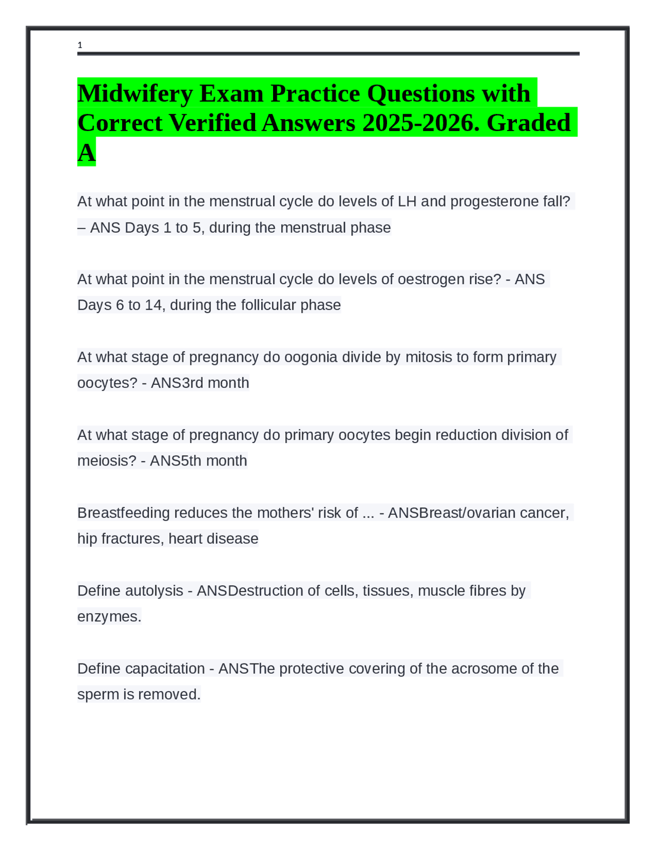Midwifery Exam Practice Questions with Correct Verified Answers 2025 ...