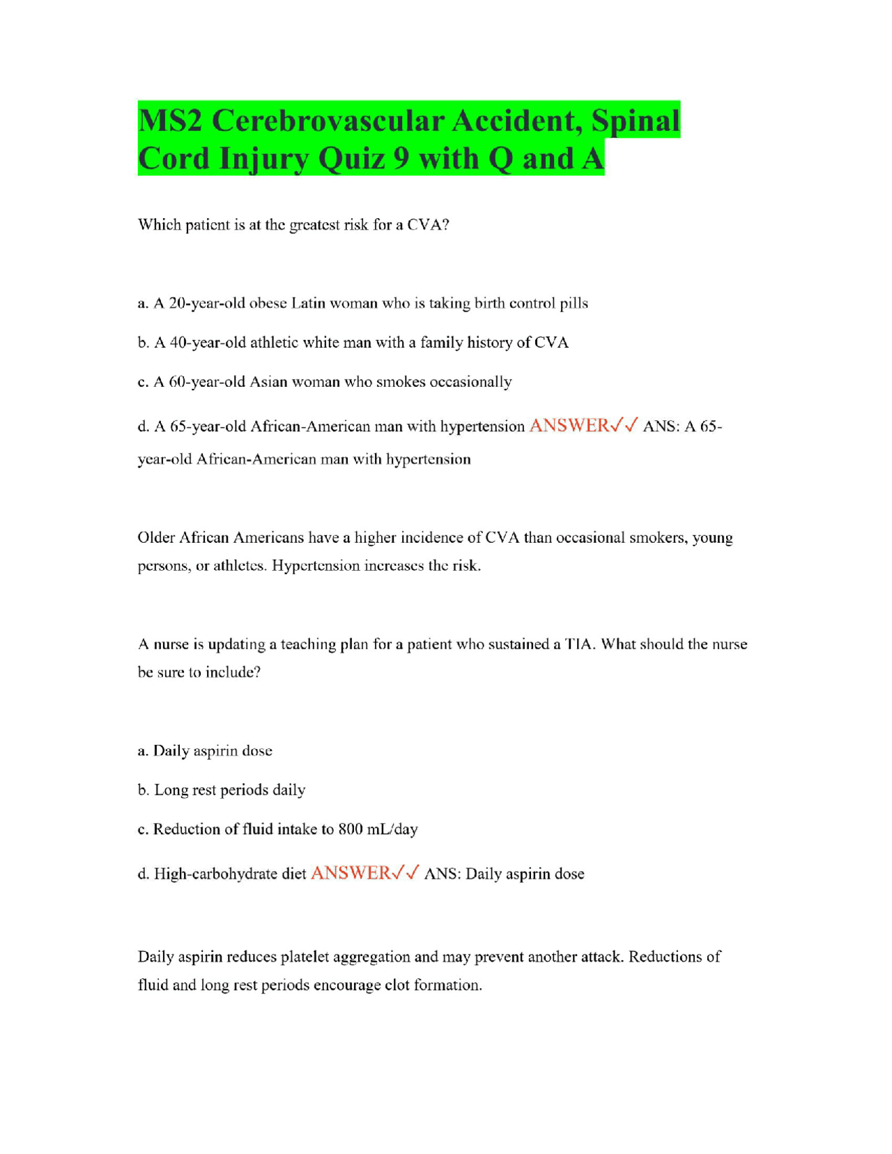 MS2 Cerebrovascular Accident, Spinal Cord Injury Quiz 9 with Q and A ...