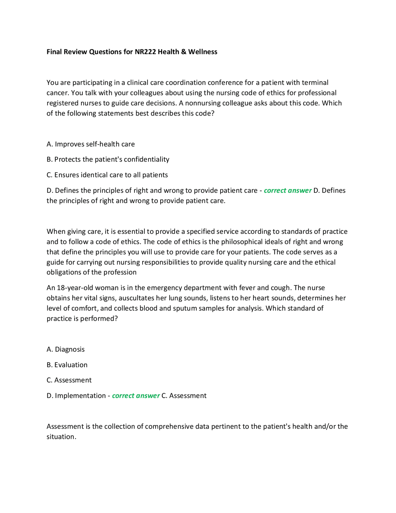 Final Review Questions for NR222 Health & Wellness | Exams Nursing ...