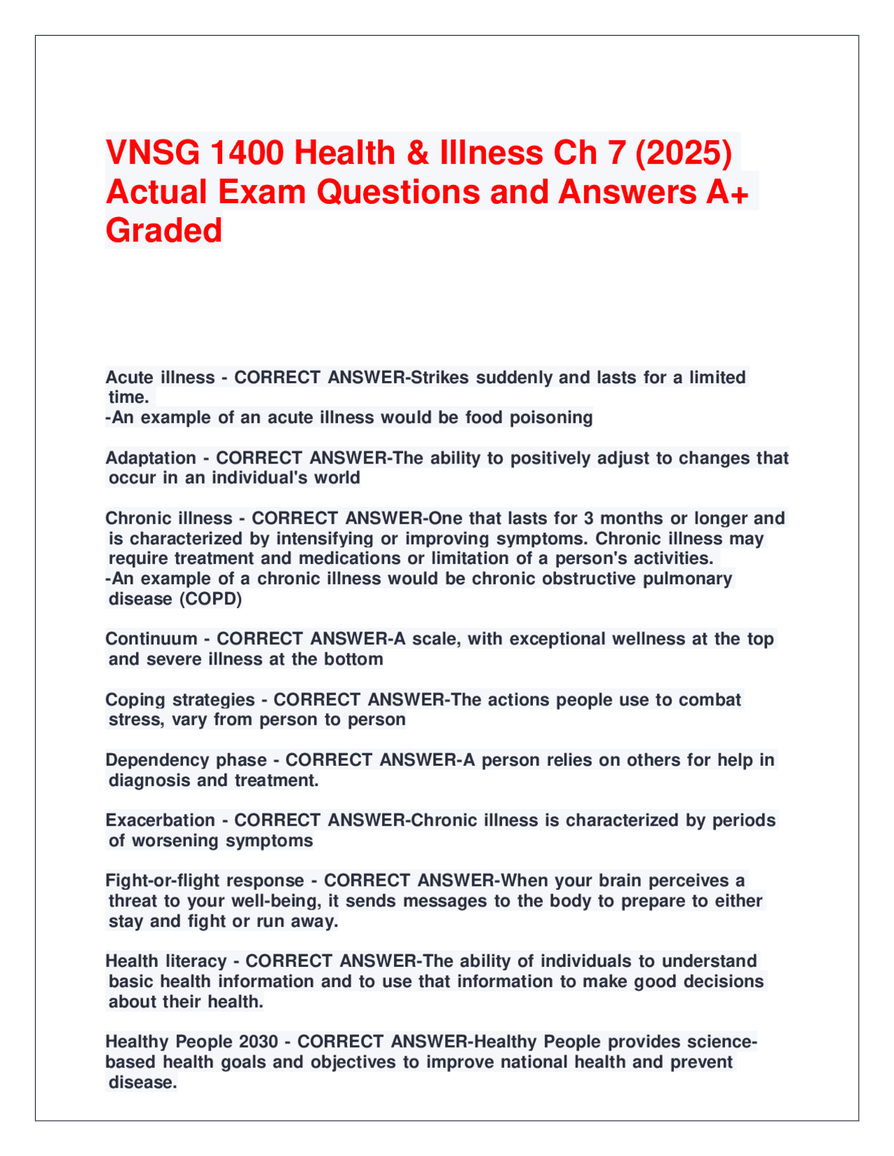 VNSG 1400 Health & Illness Ch 7 (2025) Actual Exam Questions and ...