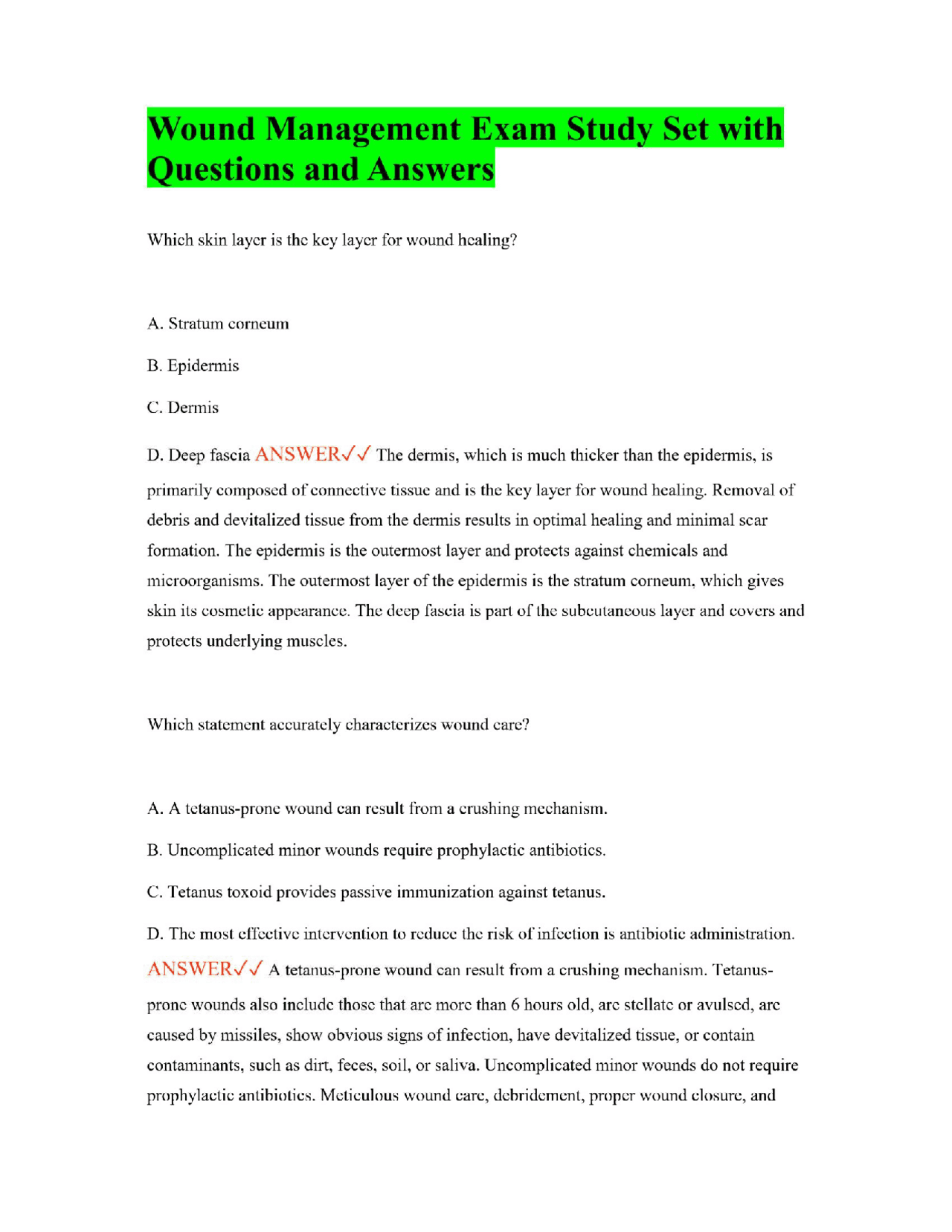 Wound Management Exam Study Set with Questions and Answers | Exams ...