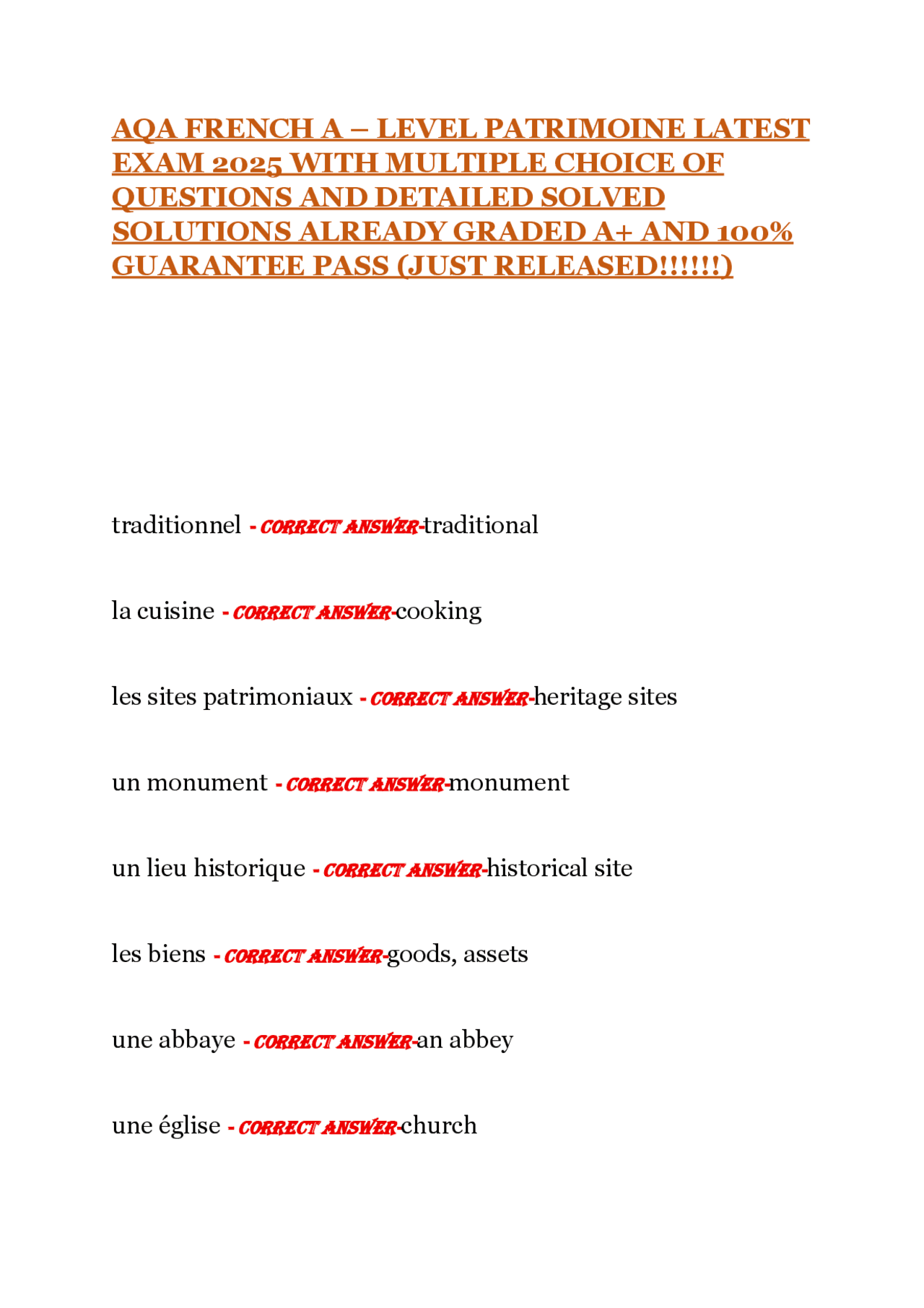 AQA FRENCH A – LEVEL PATRIMOINE LATEST EXAM 2025 WITH MULTIPLE CHOICE ...