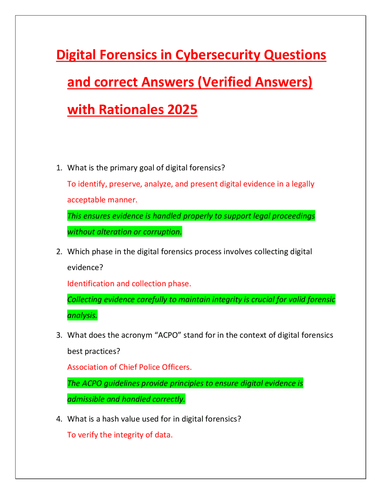 Digital Forensics in Cybersecurity Questions and correct Answers (Verified Answers) with | Exams ...