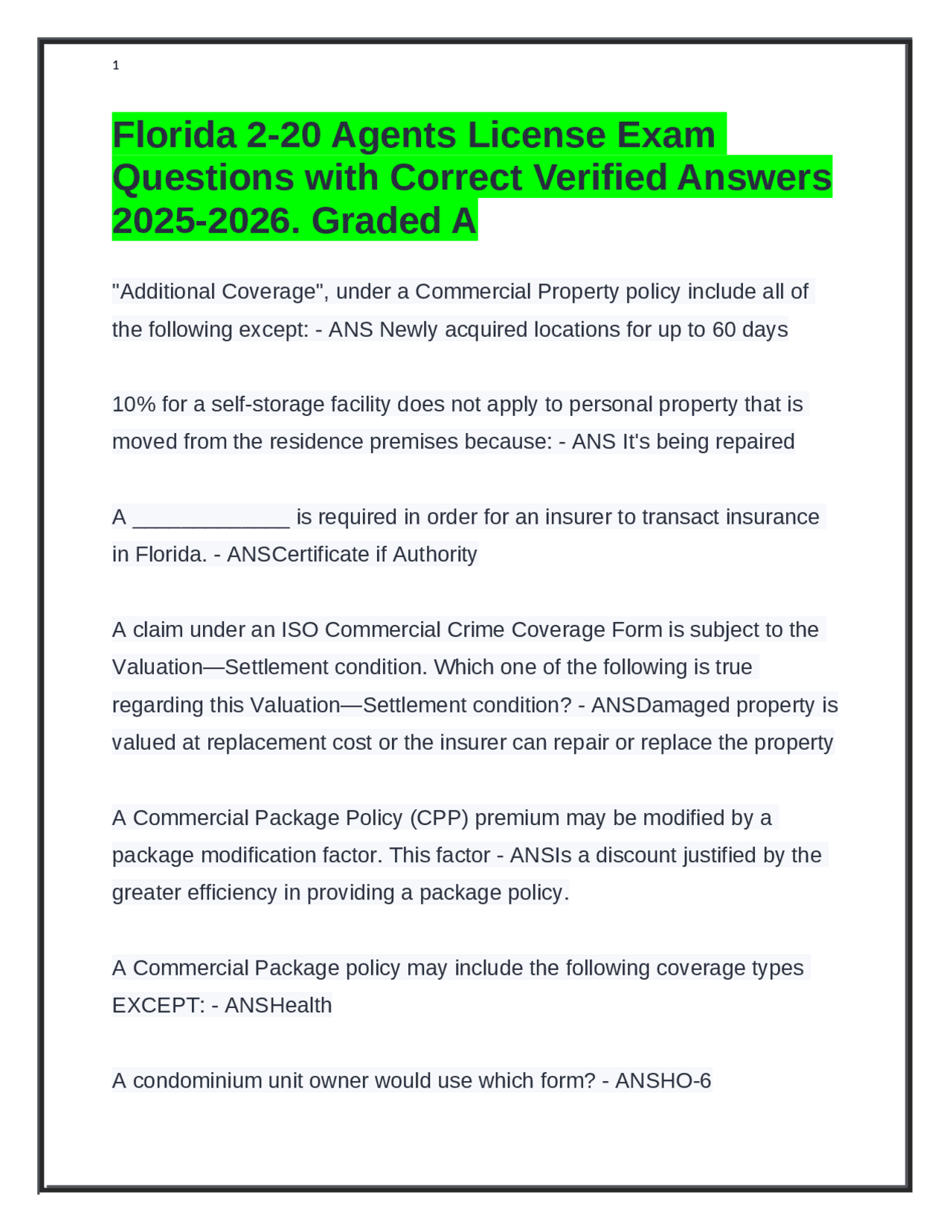 Florida 2-20 Agents License Exam Questions with Correct Verified ...