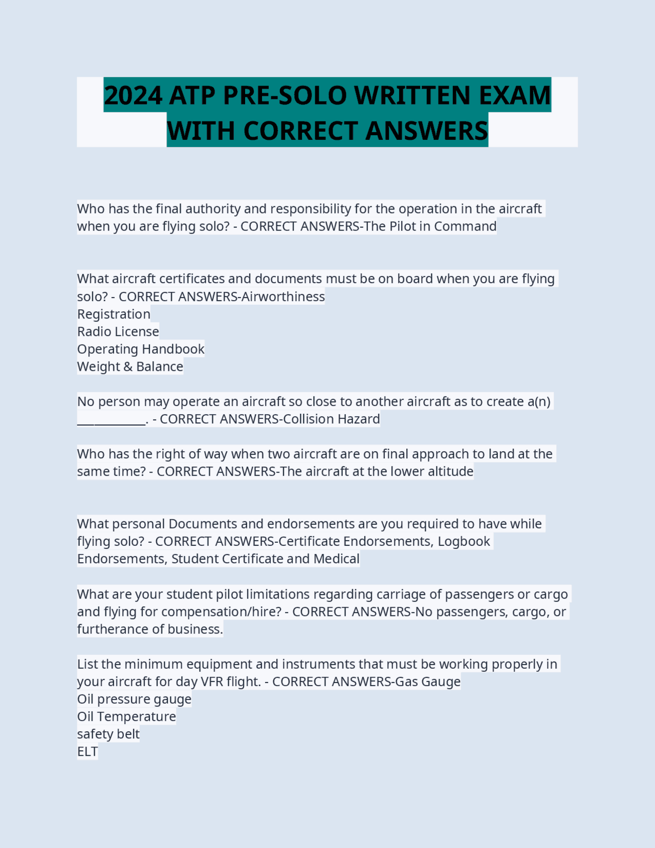 2024 ATP PRE-SOLO WRITTEN EXAM WITH CORRECT ANSWERS | Exams Nursing ...