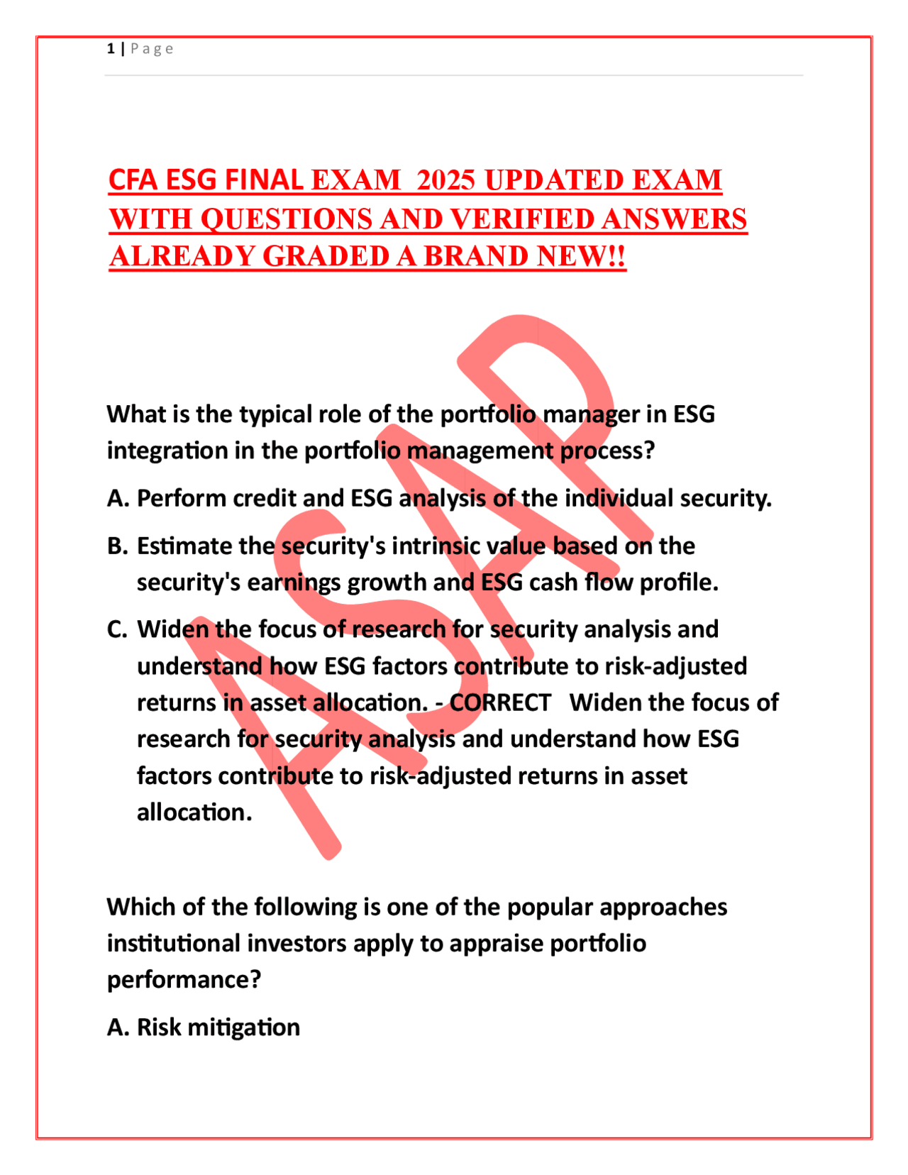 CFA ESG FINAL EXAM 2025 UPDATED EXAM WITH QUESTIONS AND VERIFIED ANSWERS ALREADY GRADED | Exams ...