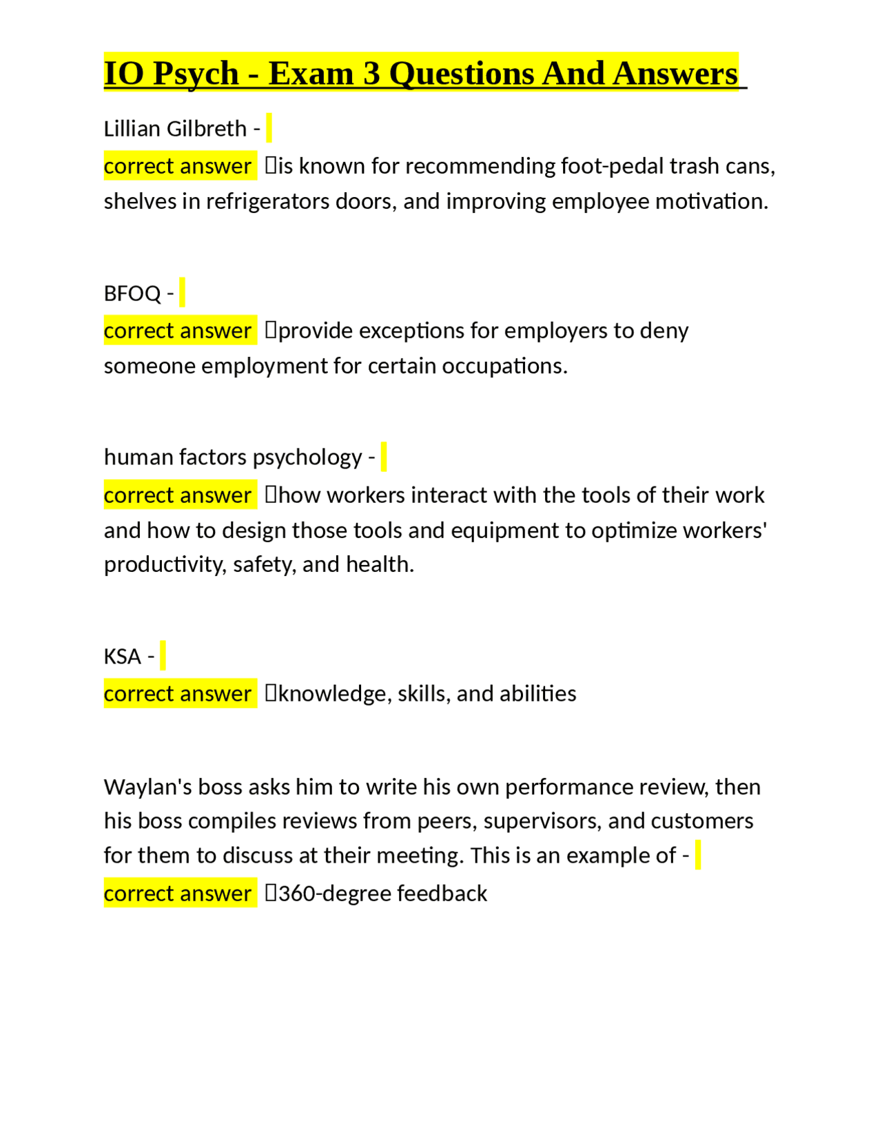 IO Psych - Exam 3 Questions And Answers | Exams Psychology | Docsity