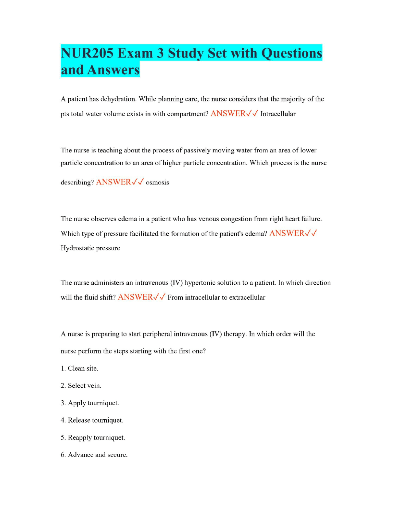NUR 205 Exam 3 Study Set with Questions and Answers | Exams Nursing ...