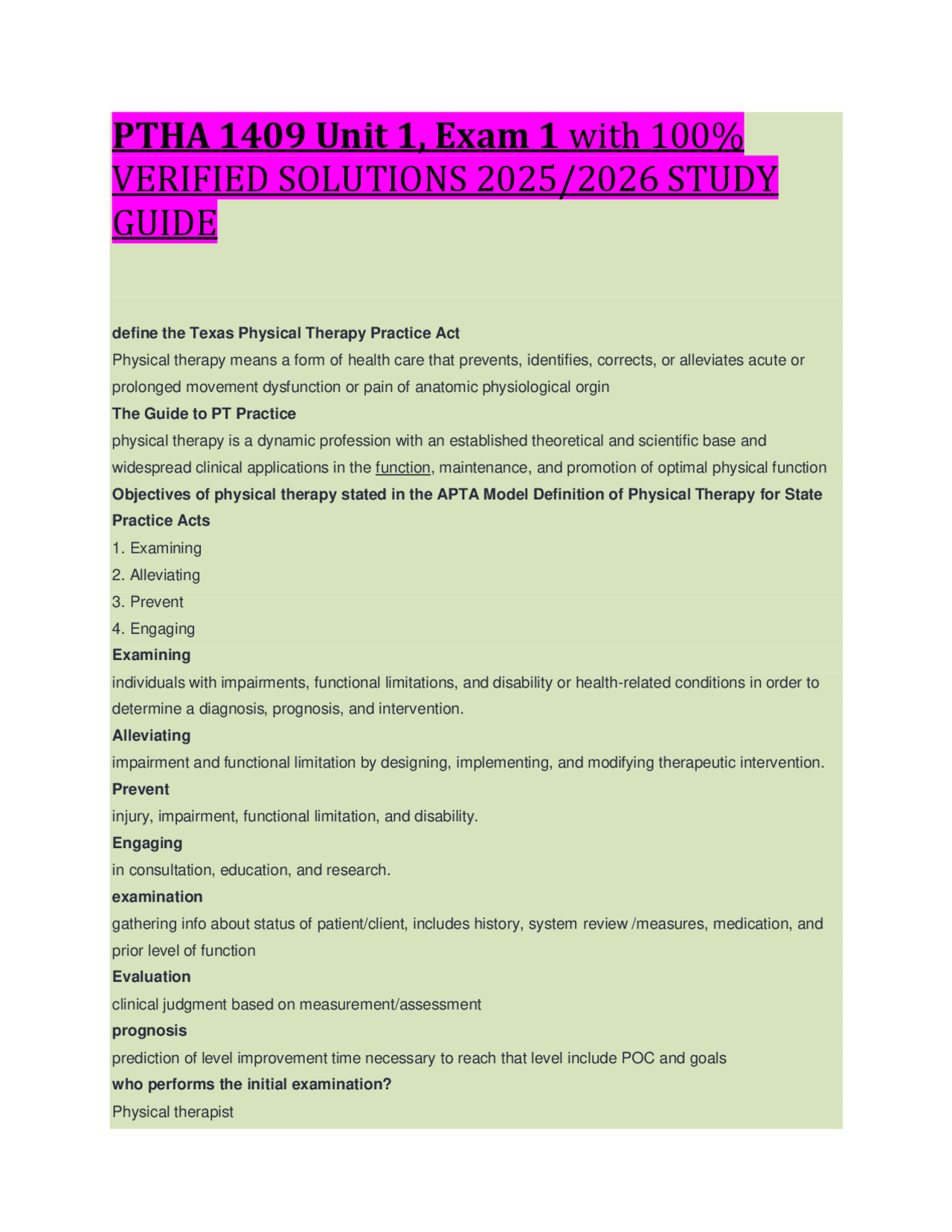 PTHA 1409 Unit 1, Exam 1 with 100% VERIFIED SOLUTIONS 2025/2026 STUDY GUIDE | Exams Health ...