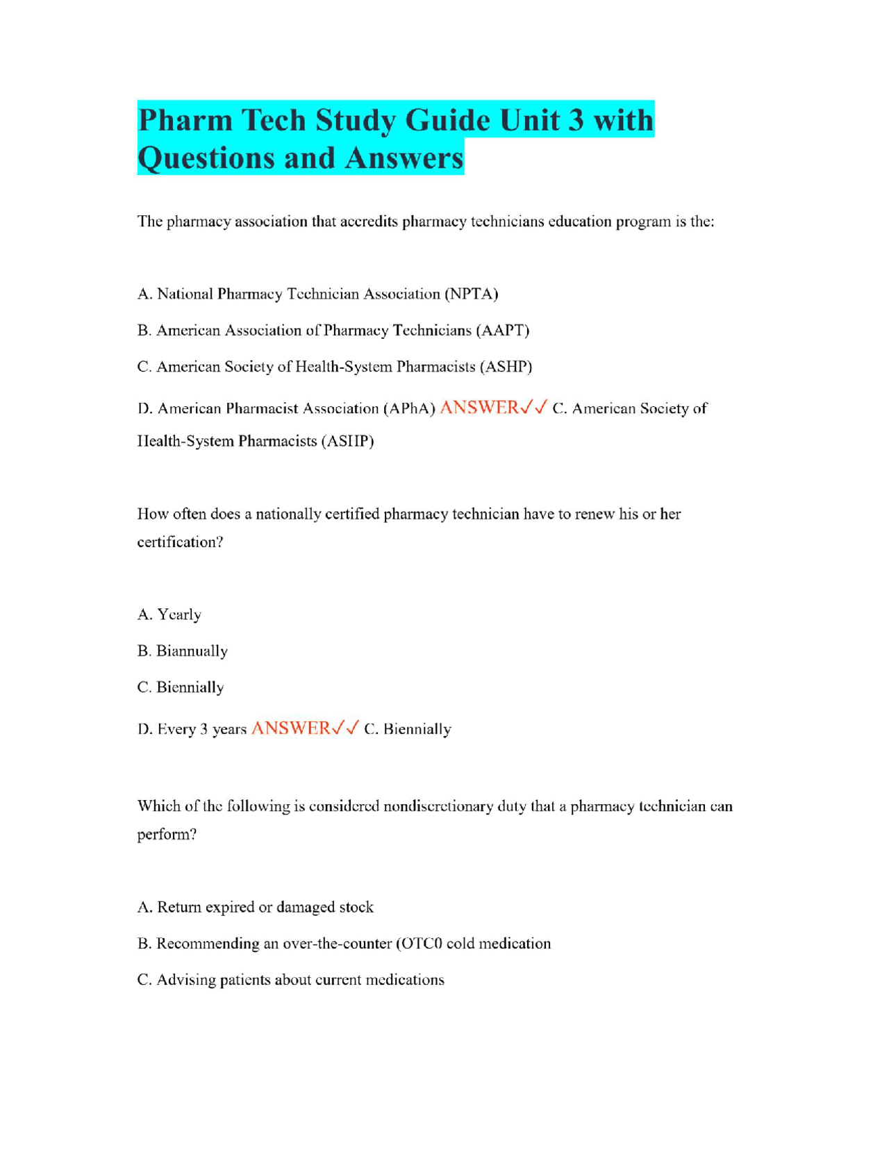 Pharm Tech Study Guide Unit 3 with Questions and Answers | Exams ...