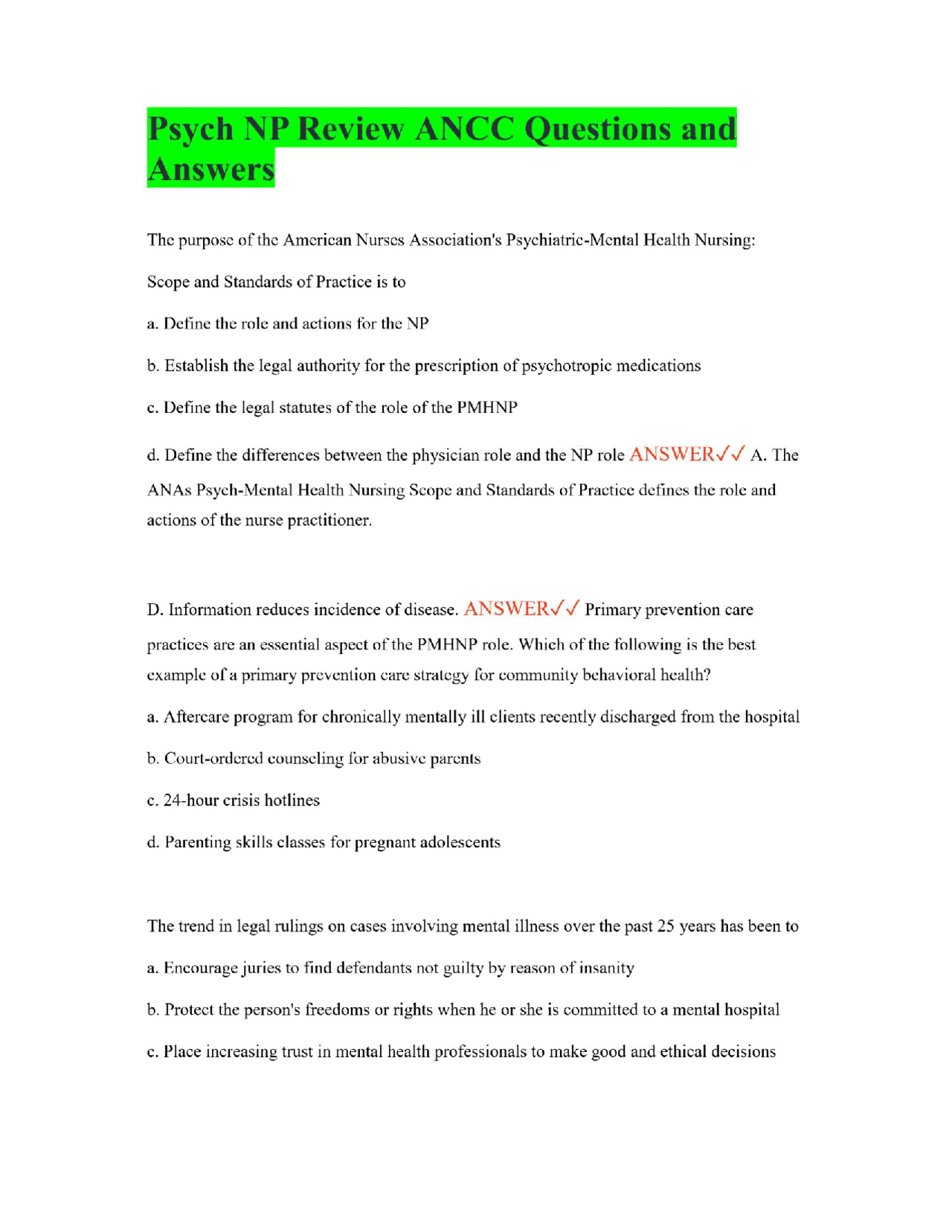 Psych NP Review ANCC Questions and Answers | Exams Nursing | Docsity