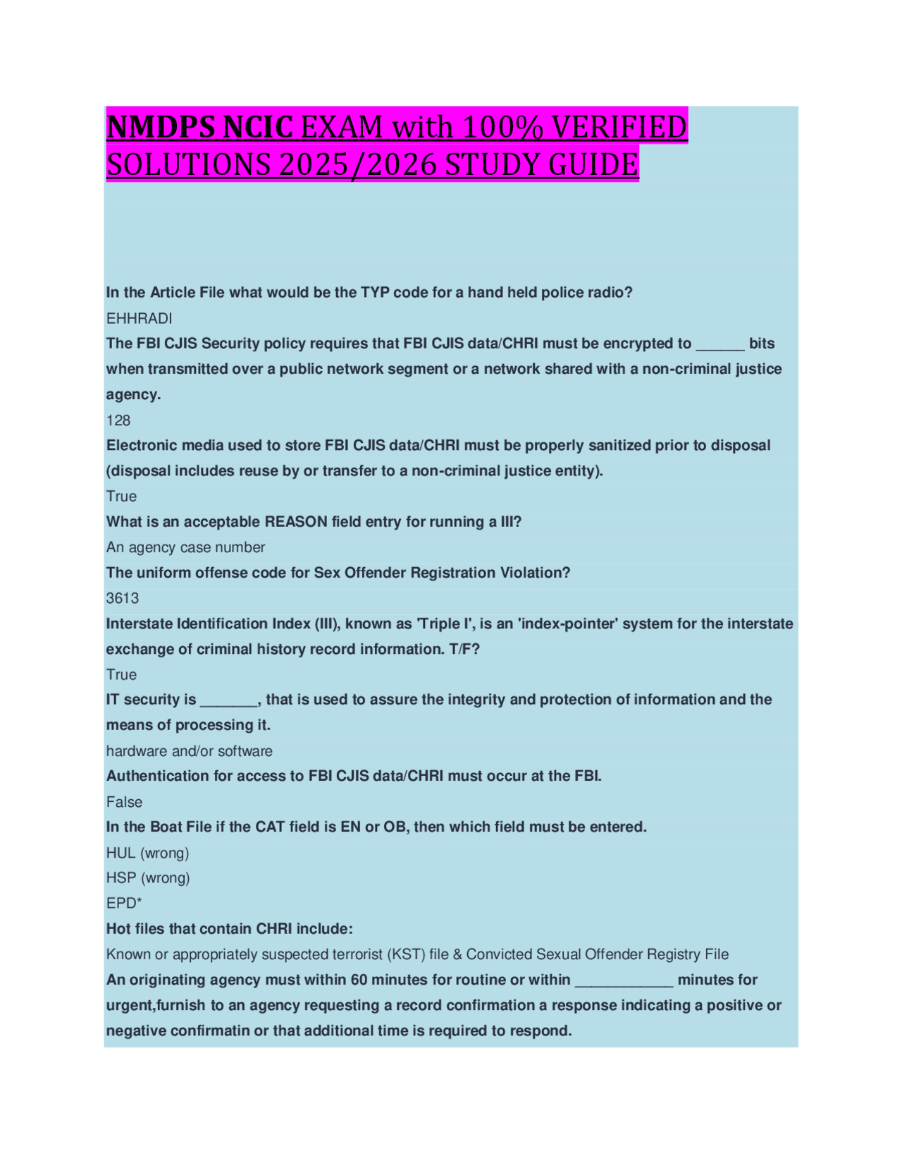 NCIC Exam Study Guide: Questions and Verified Solutions | Exams Business Administration | Docsity