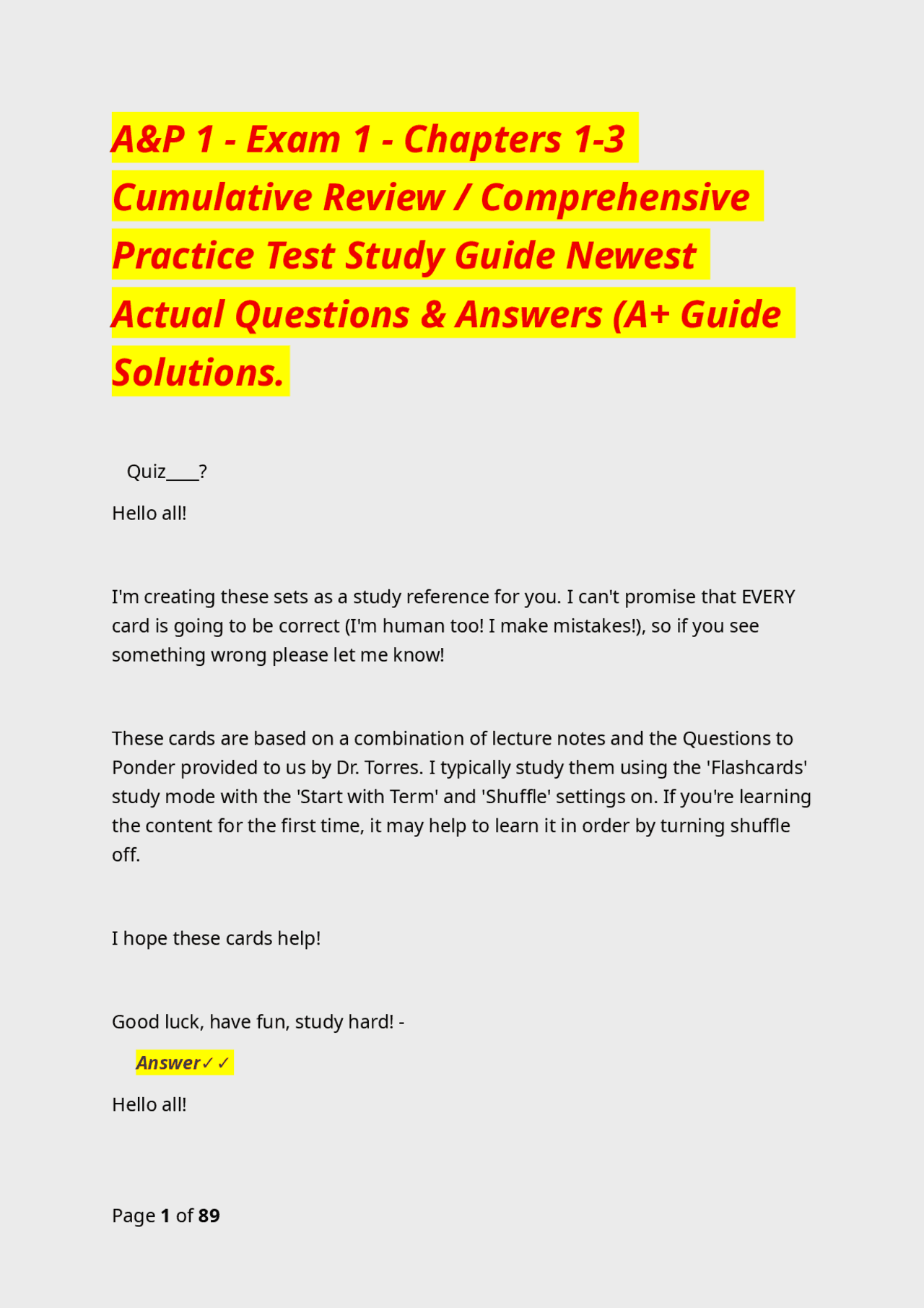 A&P 1 - Exam 1 - Chapters 1-3 Cumulative Review / Comprehensive ...