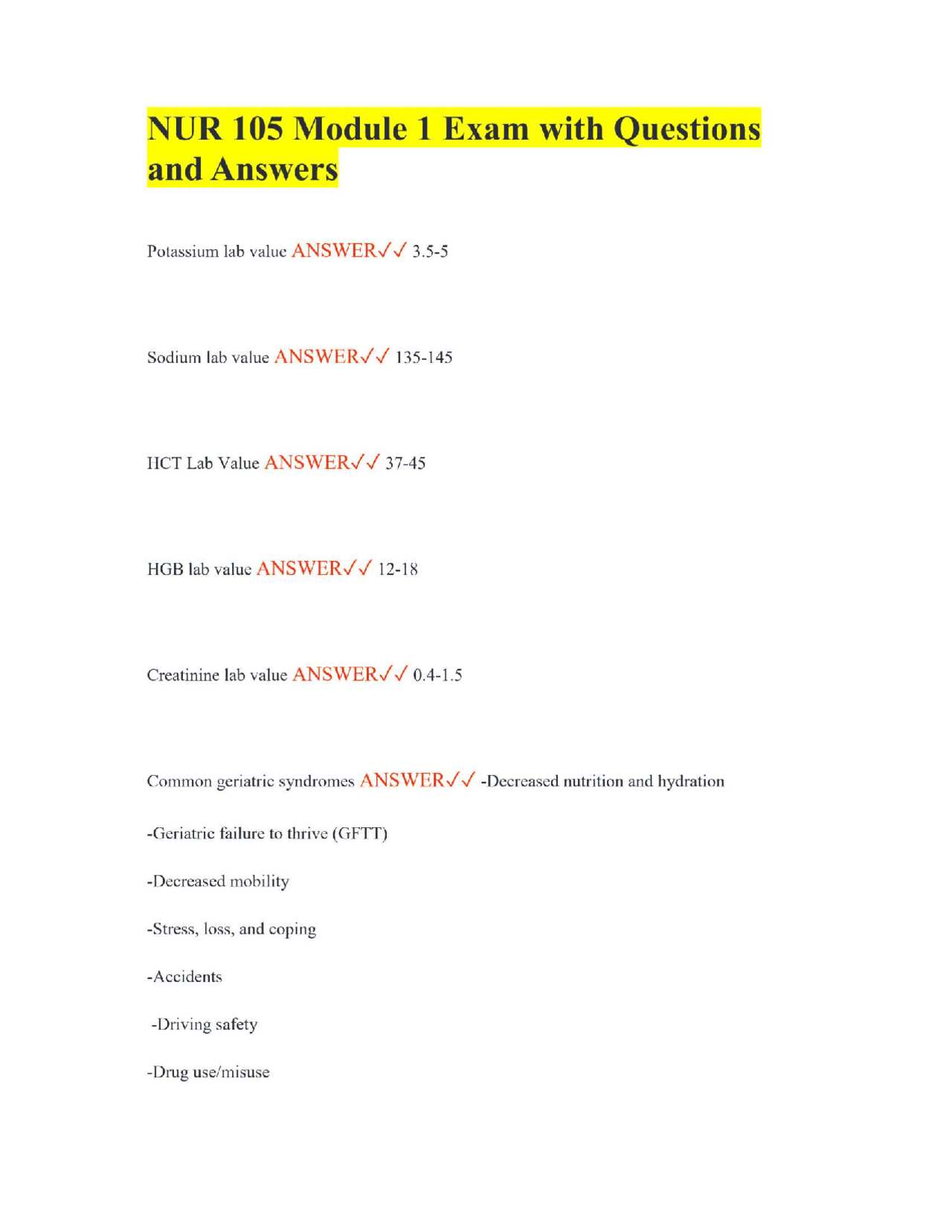 NUR 105 Module 1 Exam with Questions and Answers | Exams Nursing | Docsity