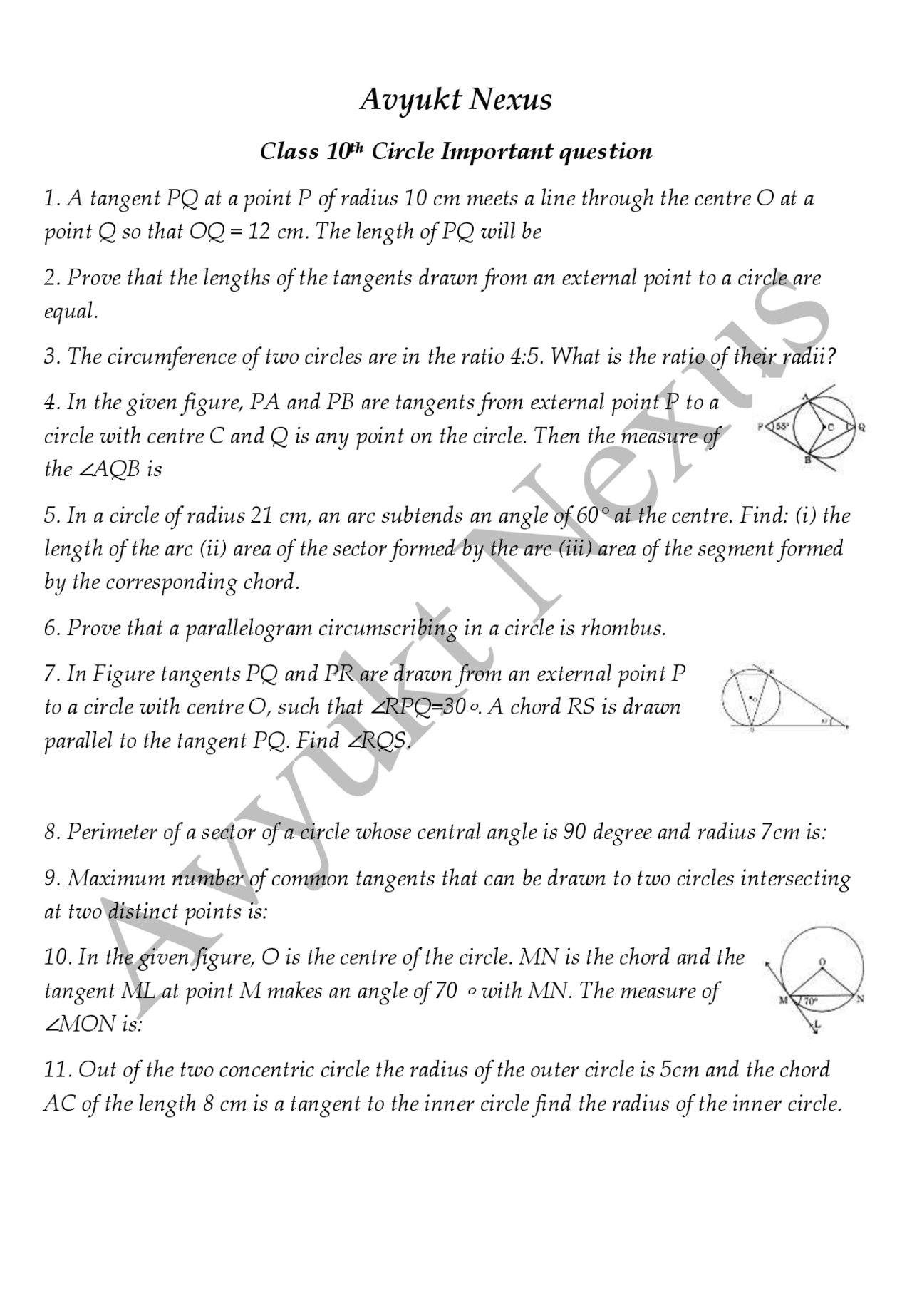 Circle Class 10th most Important question worksheet | Exercises ...