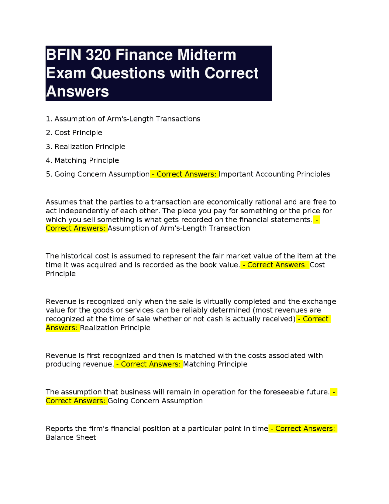 Finance Midterm Exam Questions and Answers: Accounting Principles ...