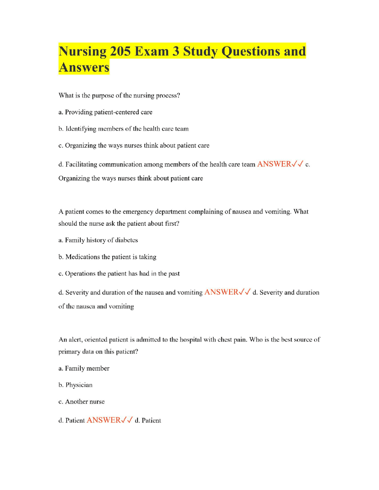 Nursing 205 Exam 3 Study Questions and Answers | Exams Nursing | Docsity