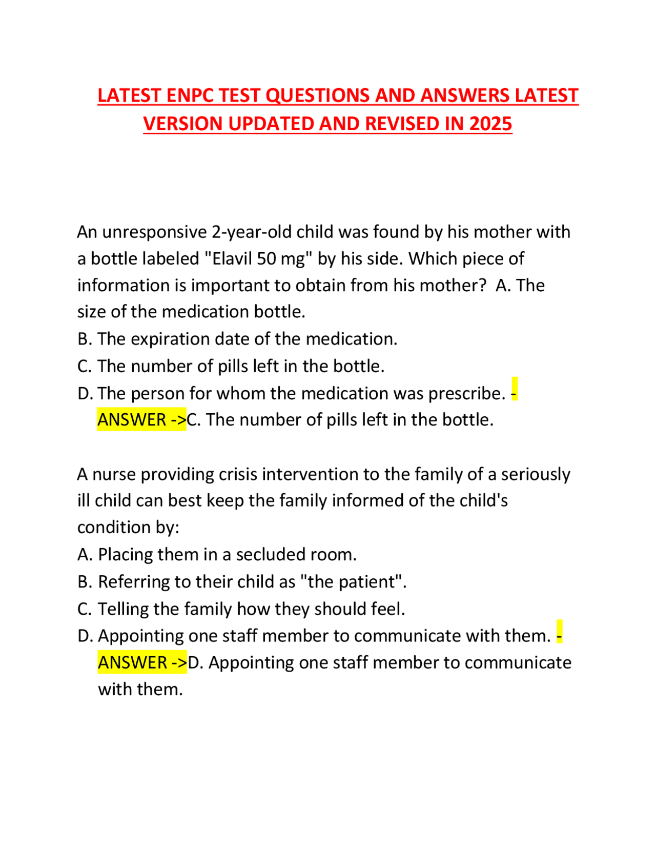 LATEST ENPC TEST QUESTIONS AND ANSWERS LATEST VERSION UPDATED AND ...