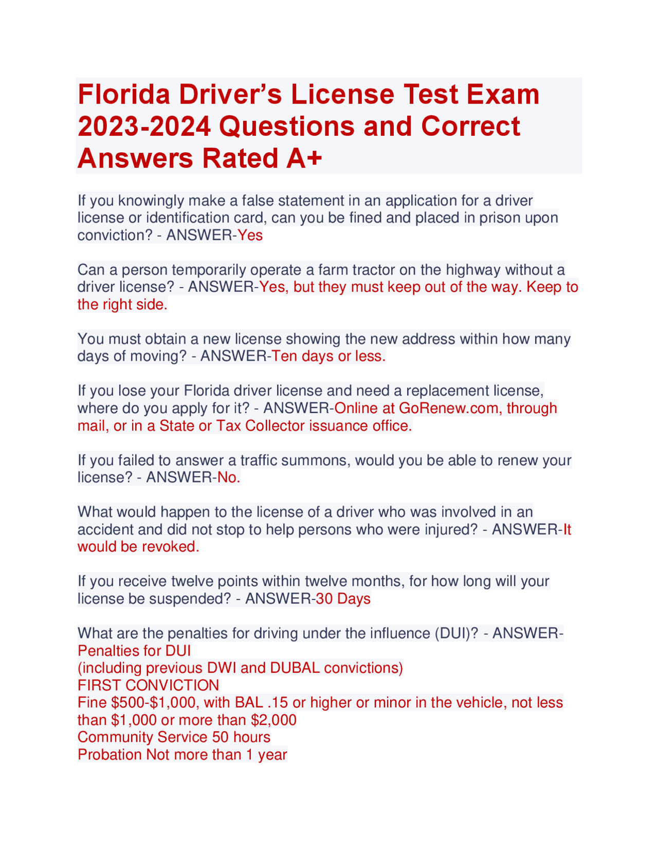 Florida Driver's License Test: 2023-2024 Exam Questions and Answers ...