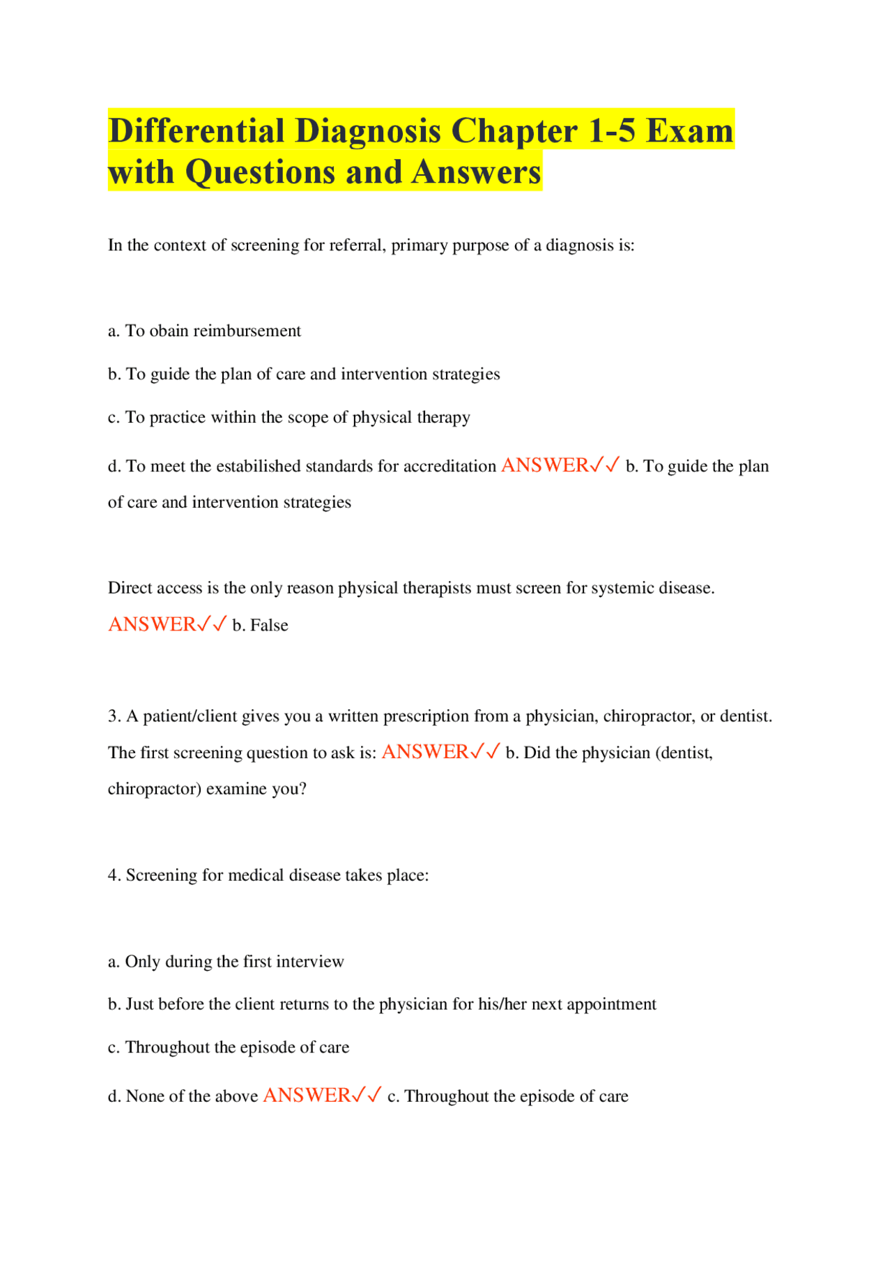 Differential Diagnosis Chapter 1-5 Exam with Questions and Answers ...