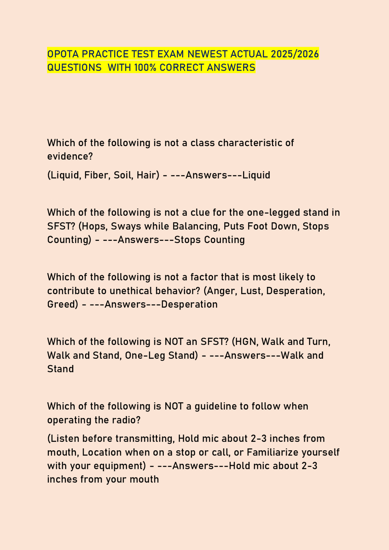 OPOTA PRACTICE TEST EXAM NEWEST ACTUAL 2025/2026 QUESTIONS WITH 100% ...