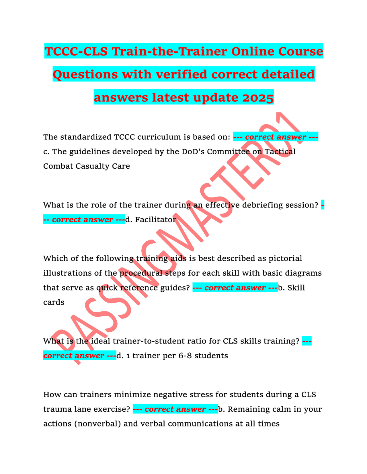 Tccc cls train the trainer online course questions with verified ...