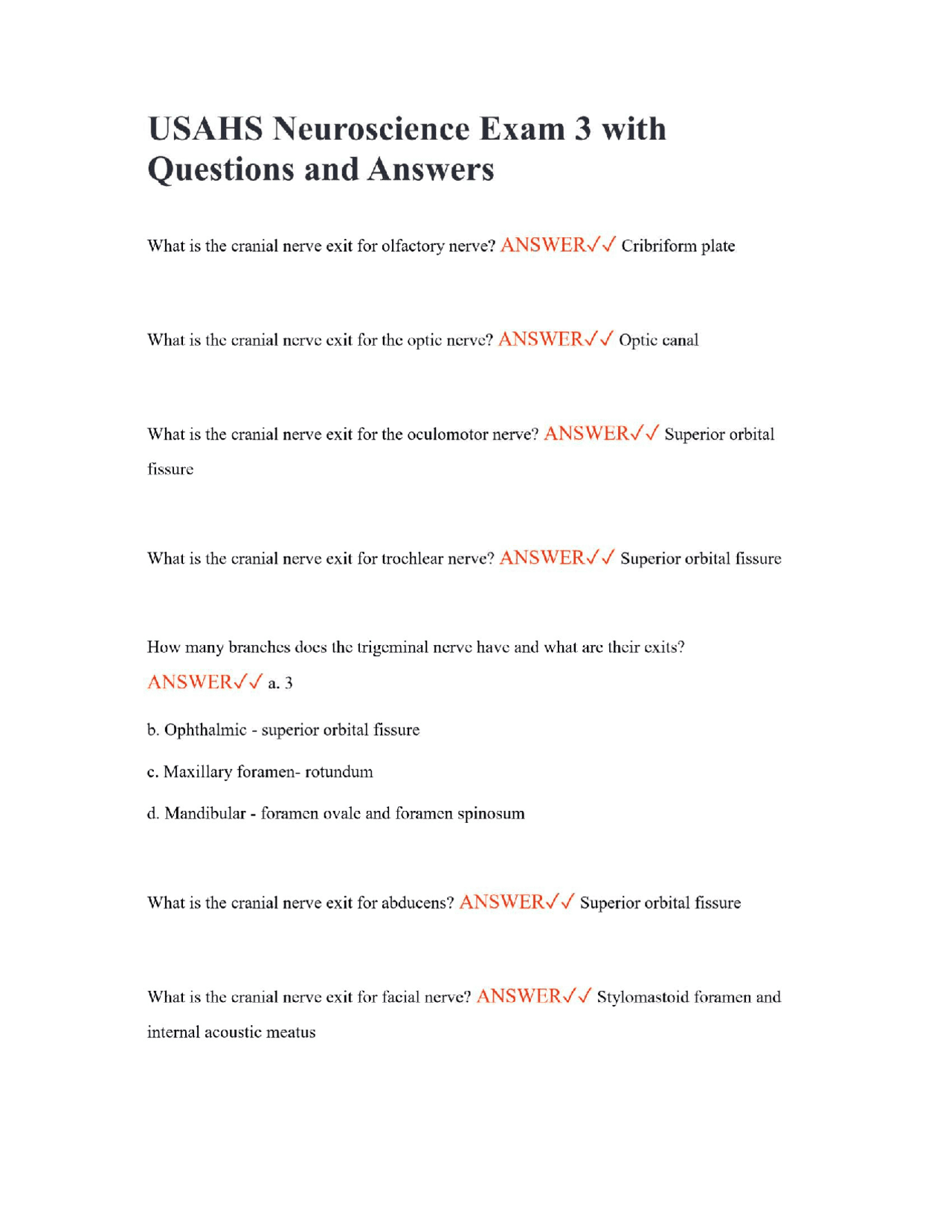 USAHS Neuroscience Exam 3 with Questions and Answers | Exams Nursing ...