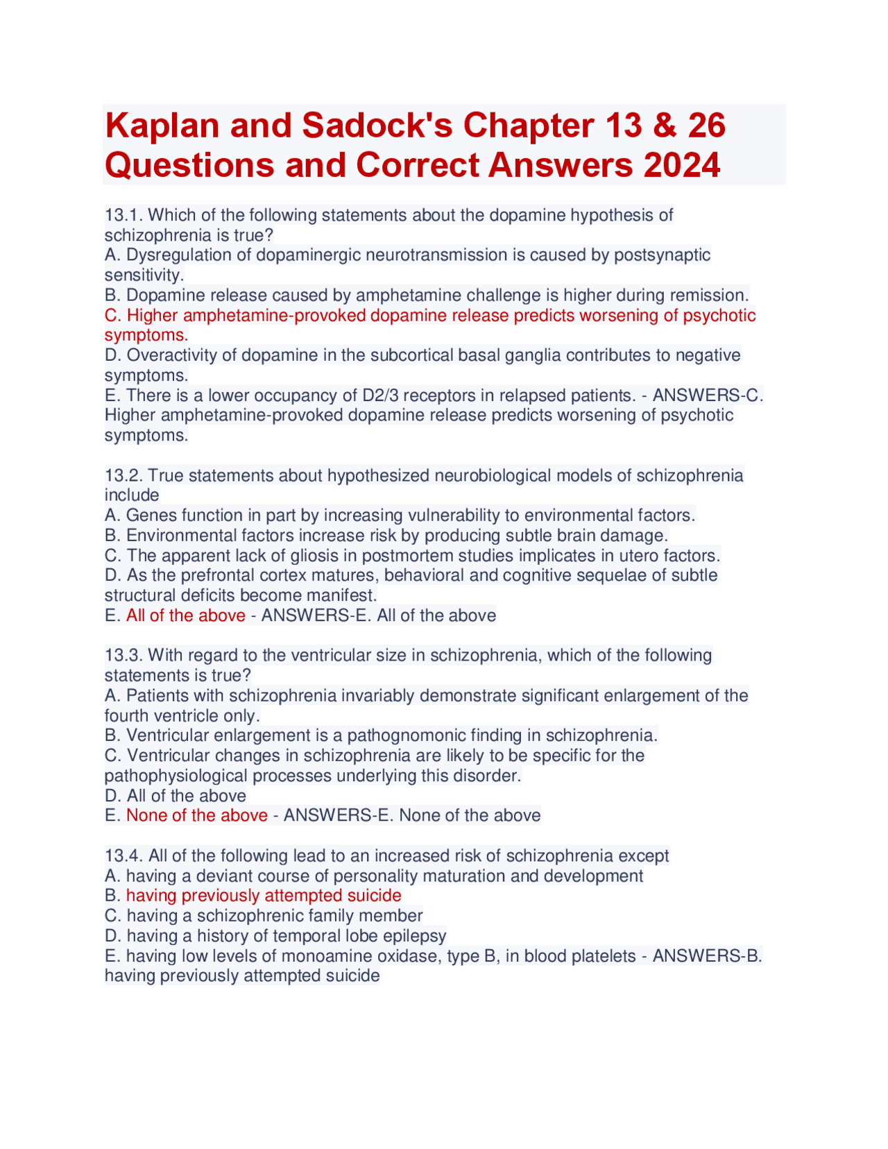Kaplan and Sadock's Chapter 13 & 26 Questions and Correct Answers ...