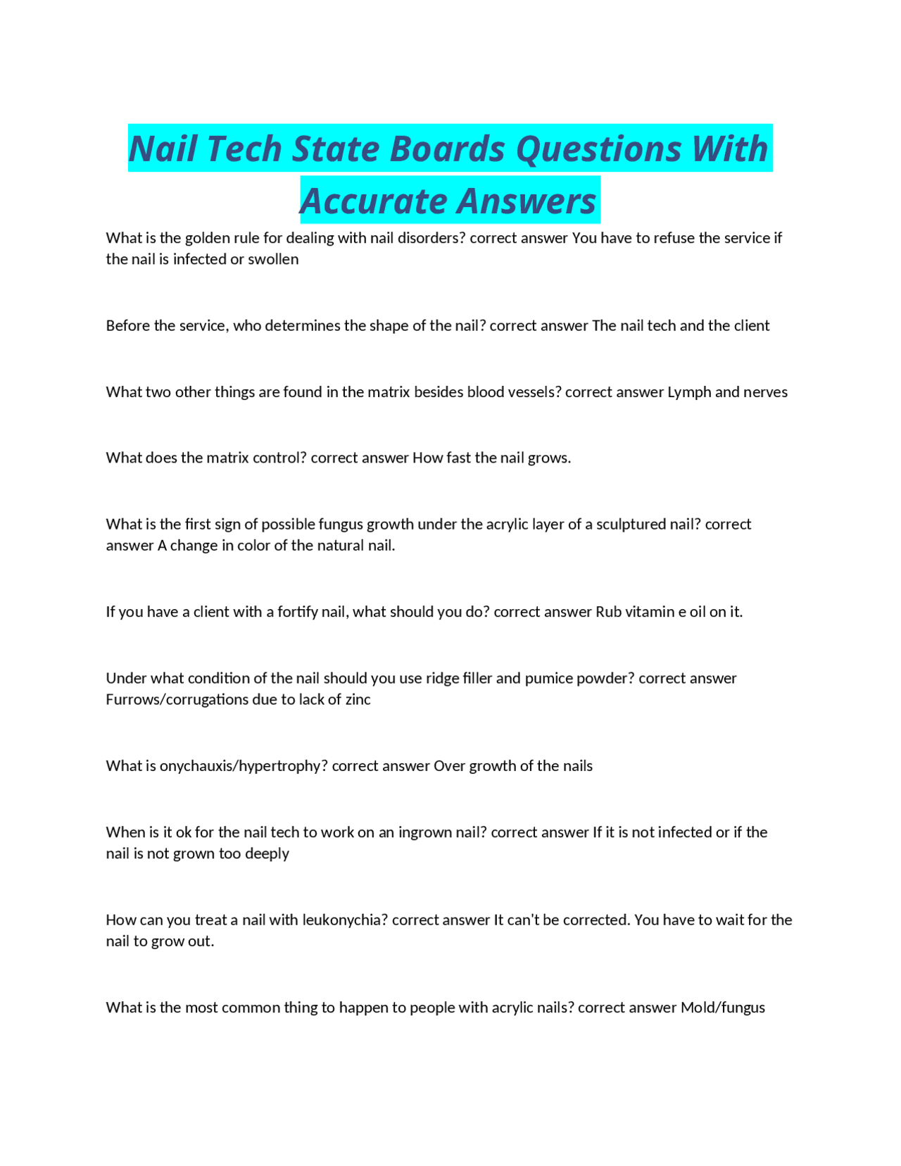 Nail Tech State Boards Questions With Accurate Answers Exams