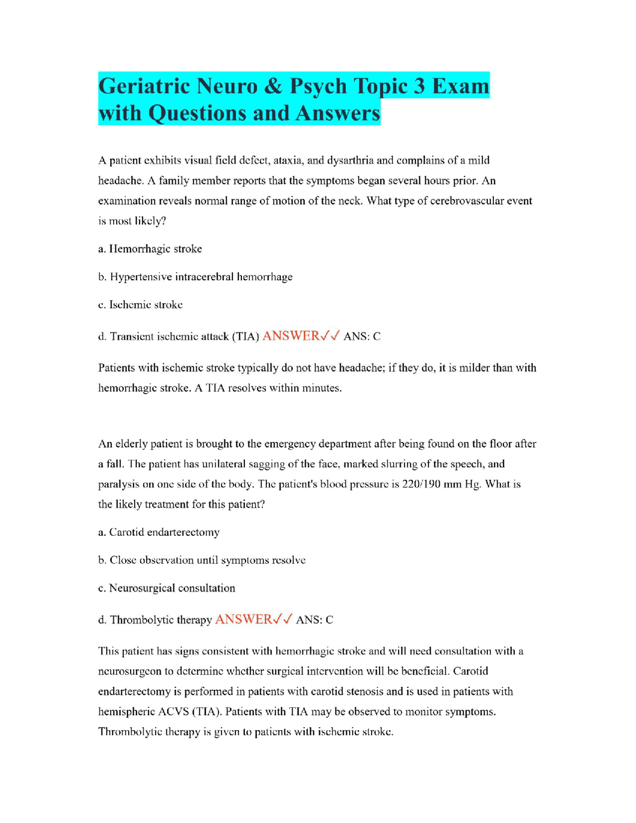 Geriatric Neuro & Psych Topic 3 Exam with Questions and Answers | Exams ...