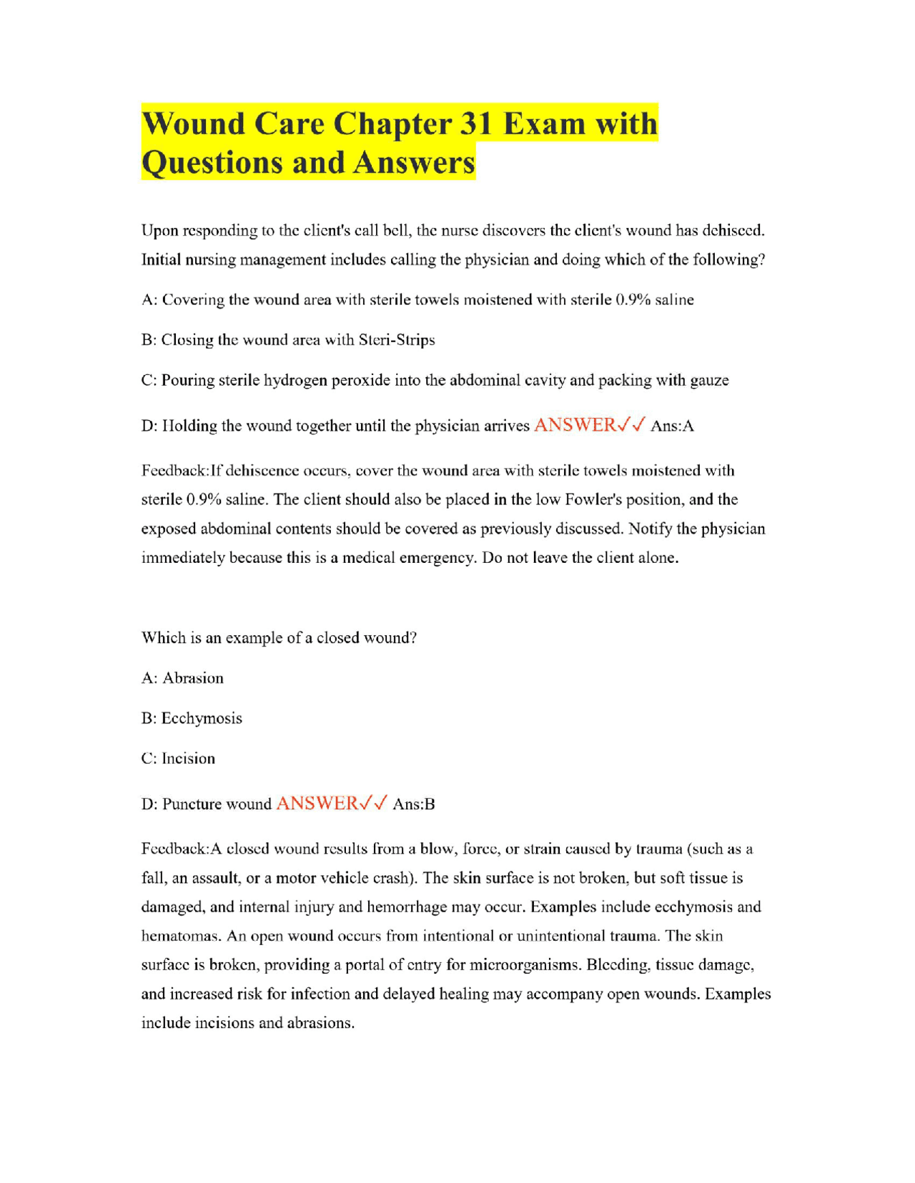 Wound Care Chapter 31 Exam with Questions and Answers | Exams Nursing ...