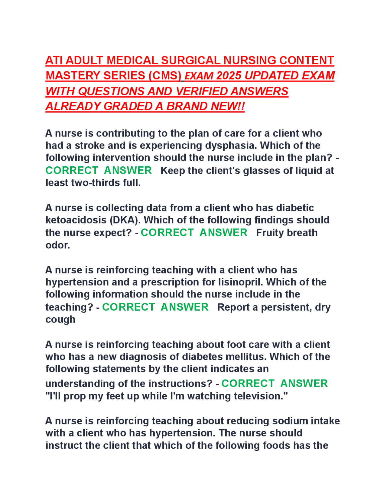 ATI ADULT MEDICAL SURGICAL NURSING CONTENT MASTERY SERIES (CMS) EXAM ...