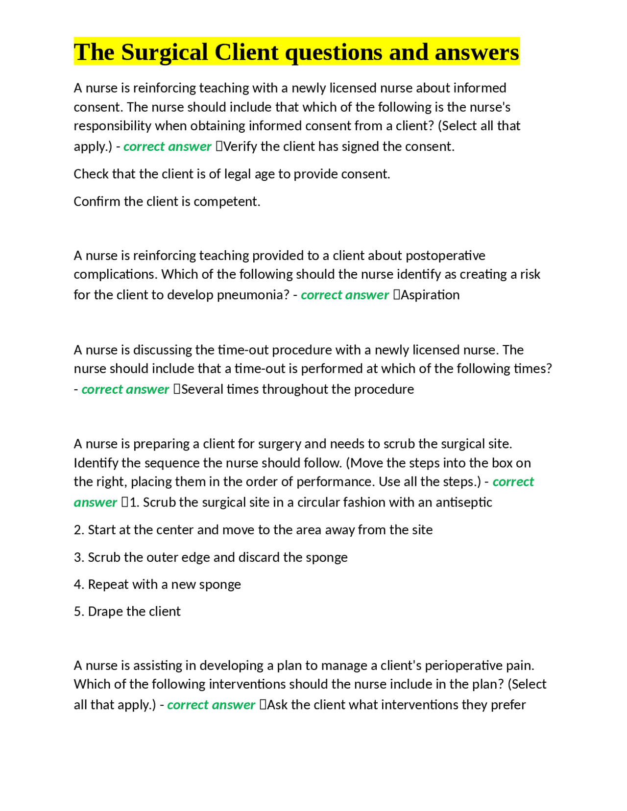 The Surgical Client questions and answers | Exams Nursing | Docsity