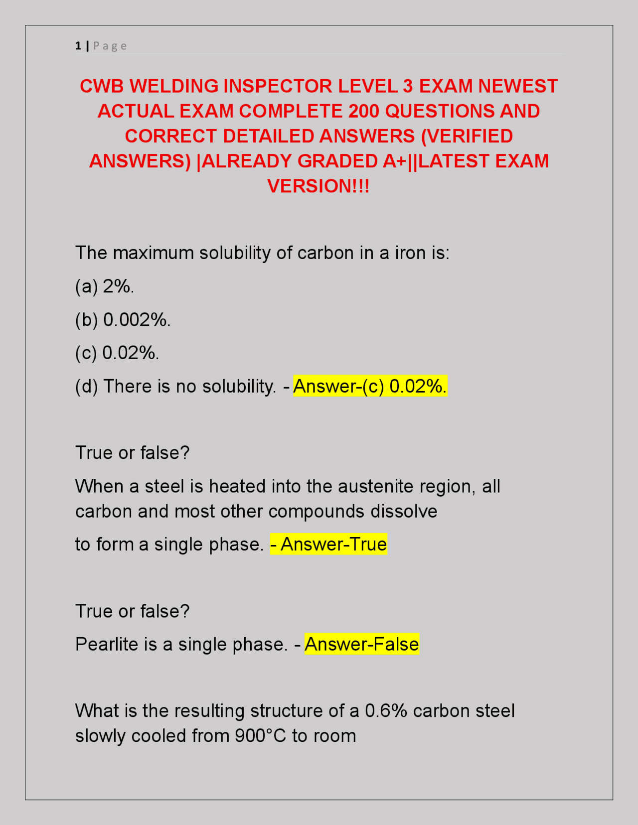CWB WELDING INSPECTOR LEVEL 3 EXAM NEWEST ACTUAL EXAM COMPLETE 200 ...
