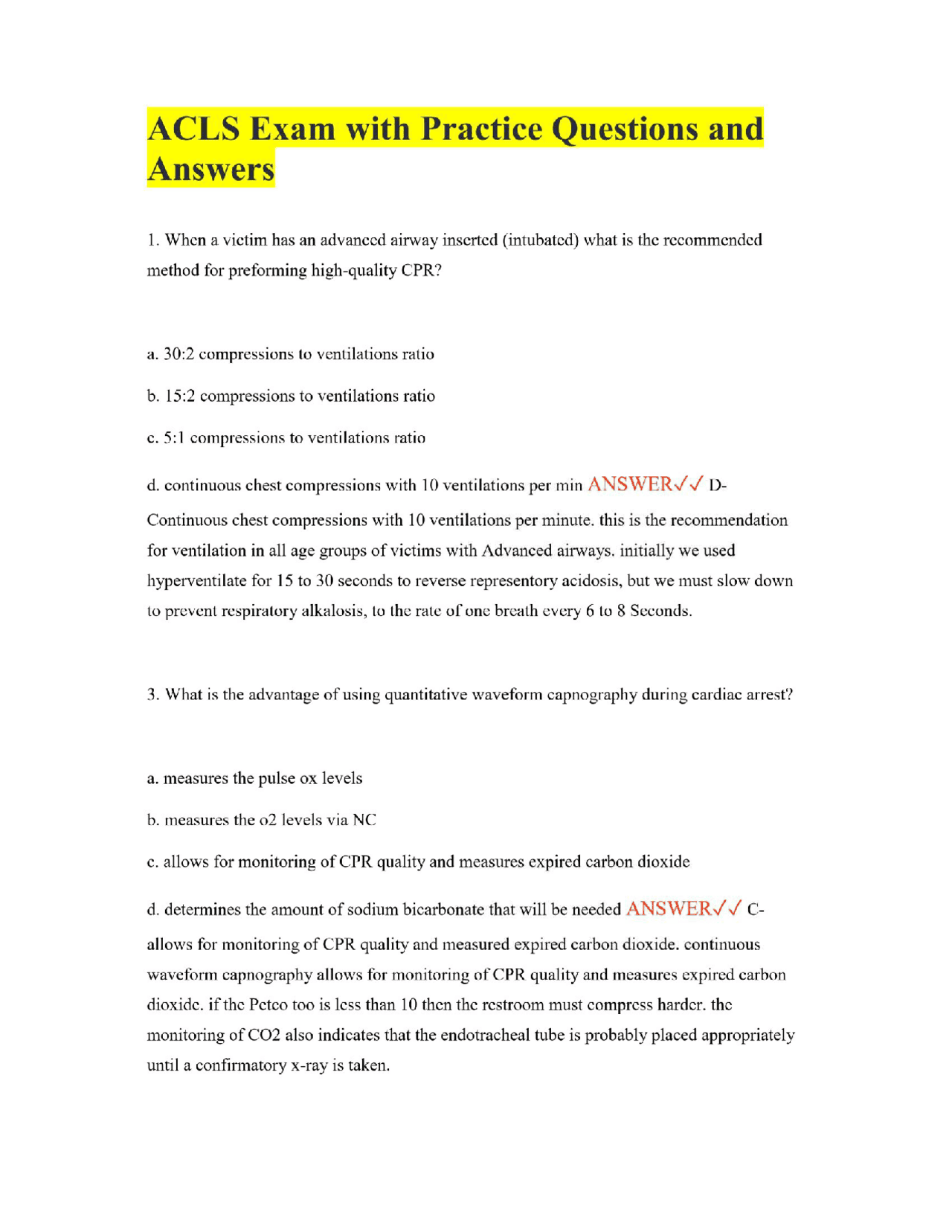 ACLS Exam with Practice Questions and Answers | Exams Nursing | Docsity