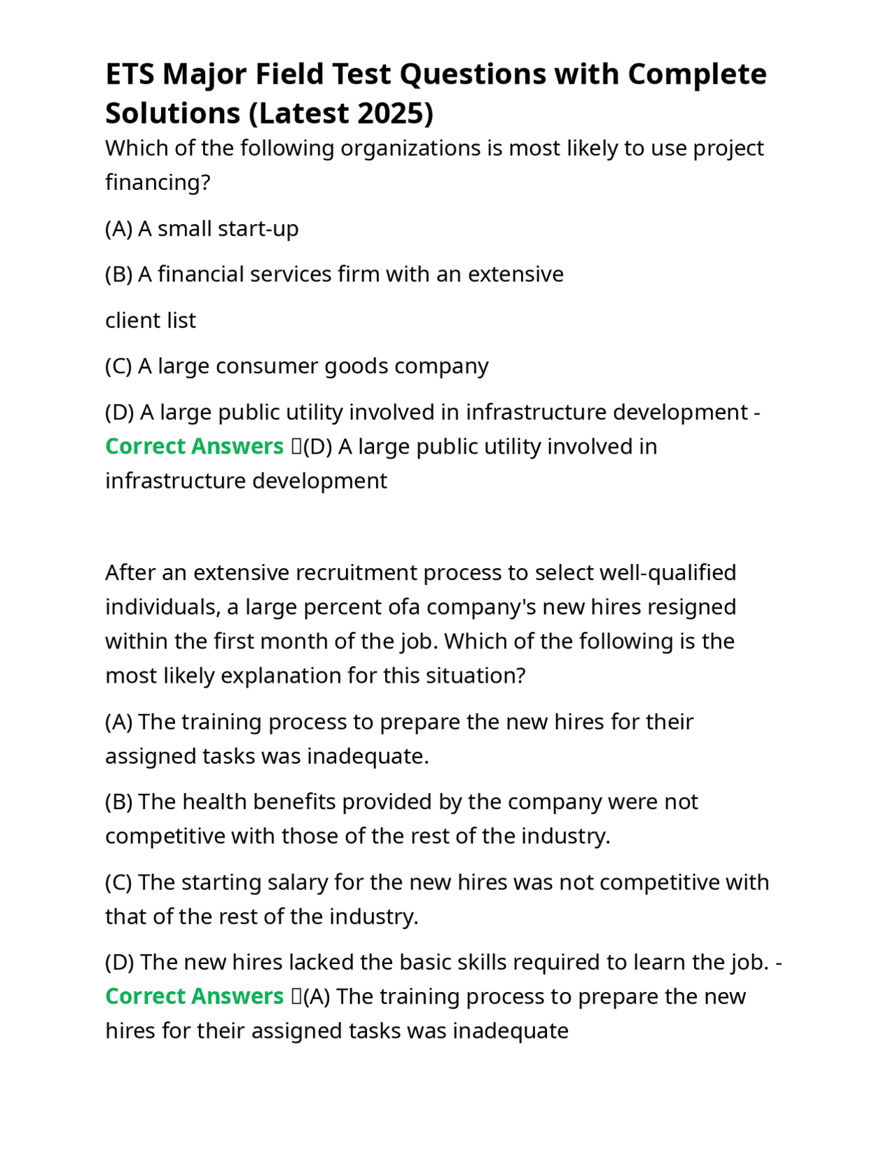 ETS Major Field Test Questions with Complete Solutions (Latest 2025 ...