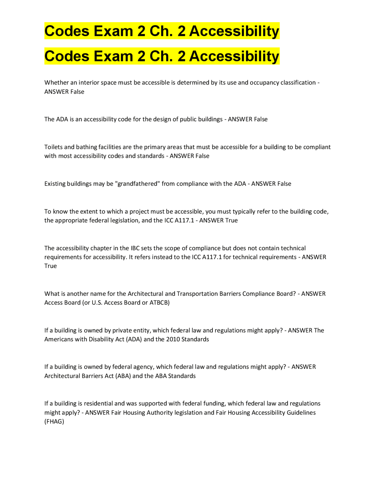ADA and Accessibility Codes Exam 2: Q&A Study Guide | Exams Interior ...