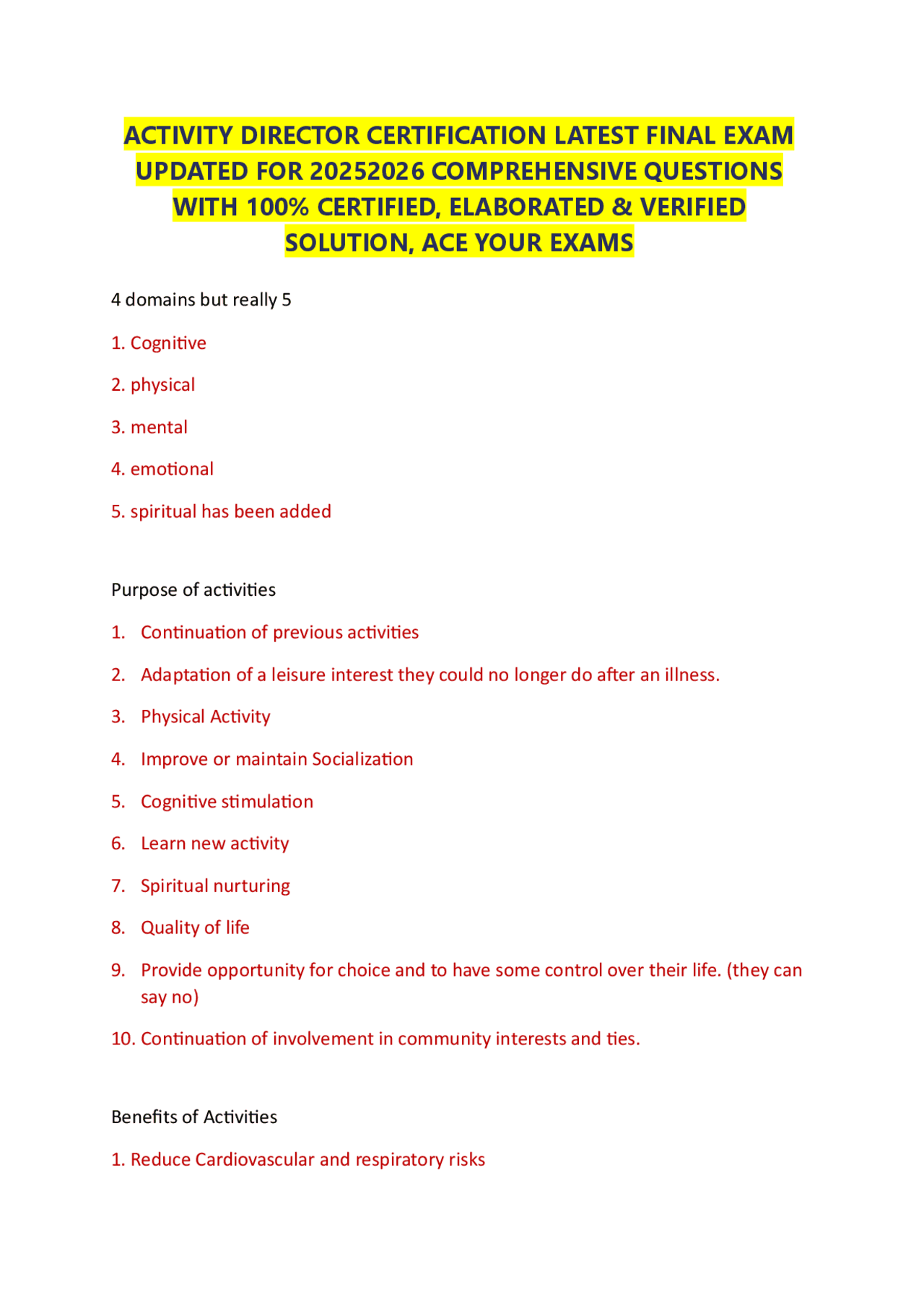 ACTIVITY DIRECTOR CERTIFICATION LATEST FINAL EXAM UPDATED FOR 20252026 ...