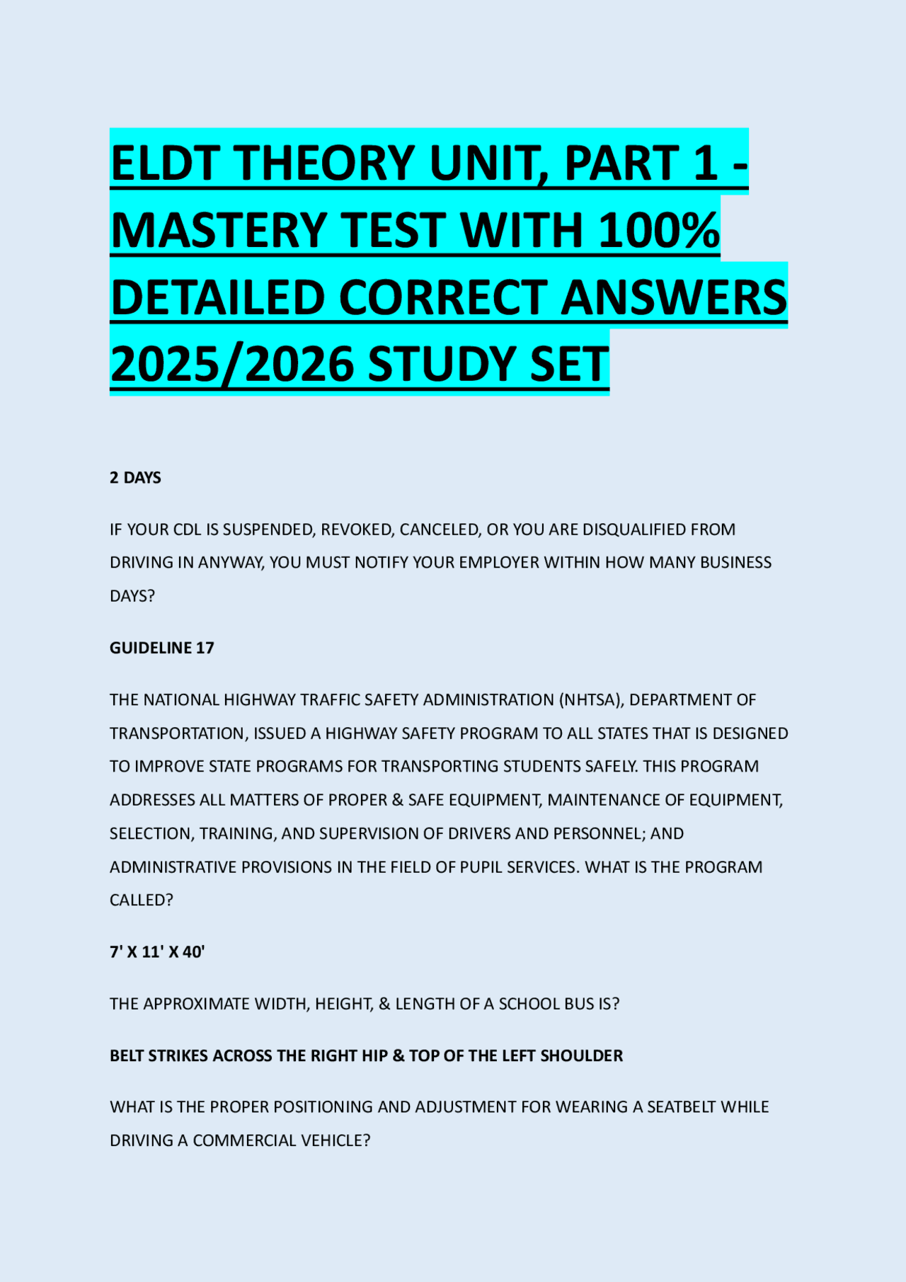ELDT THEORY UNIT, PART 1 - MASTERY TEST WITH 100% DETAILED CORRECT ...