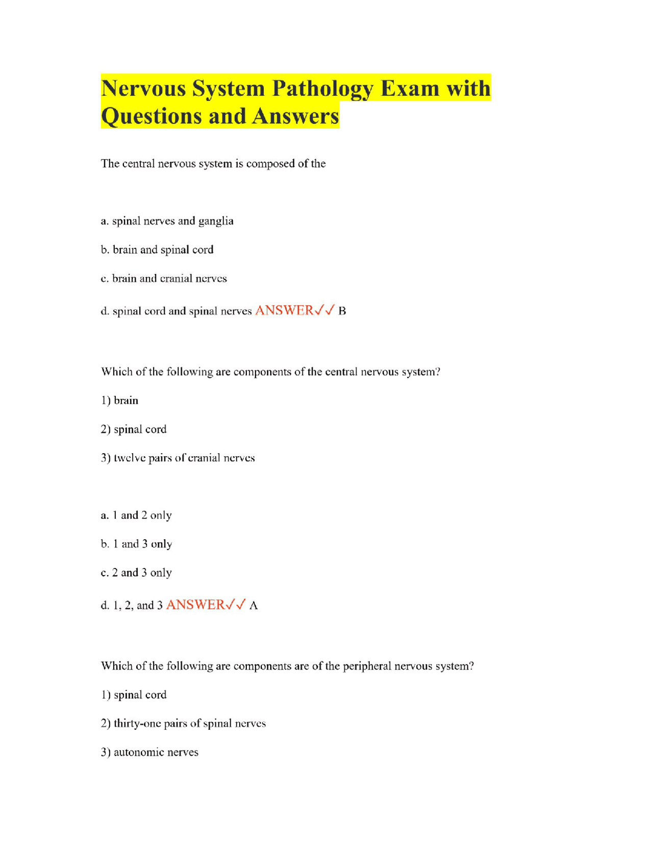 Nervous System Pathology Exam with Questions and Answers | Exams Nursing | Docsity