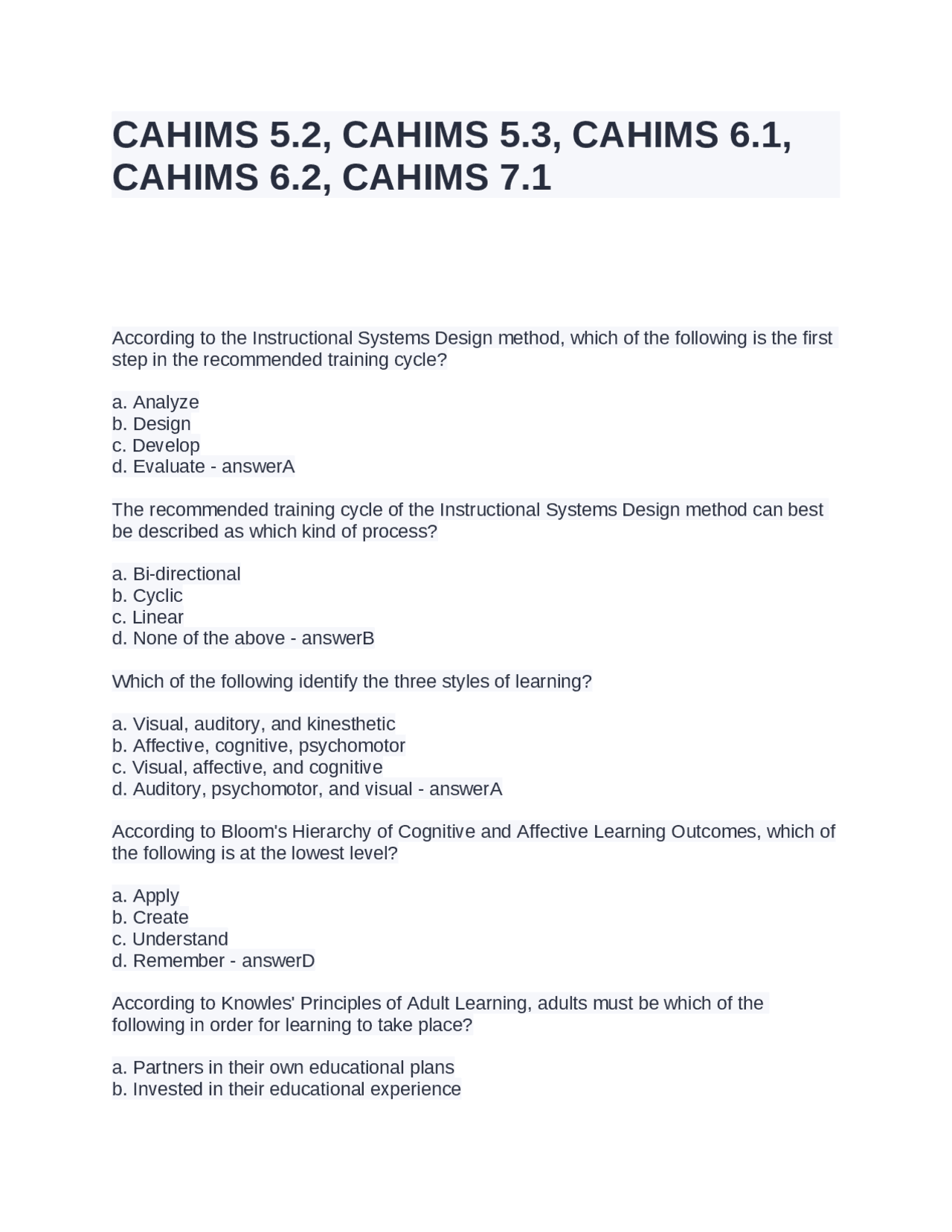 CAHIMS 5.2, CAHIMS 5.3, CAHIMS 6.1, CAHIMS 6.2, CAHIMS 7.1. Questions ...