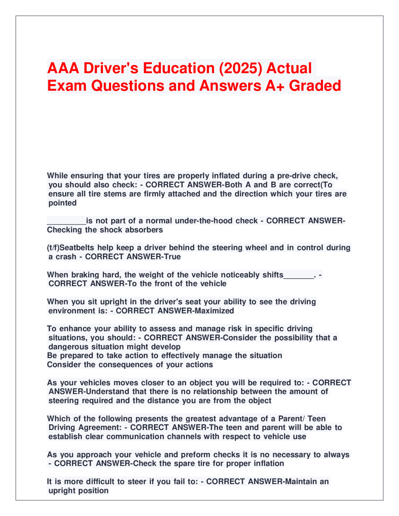 AAA Driver's Education (2025) Actual Exam Questions and Answers A+ ...