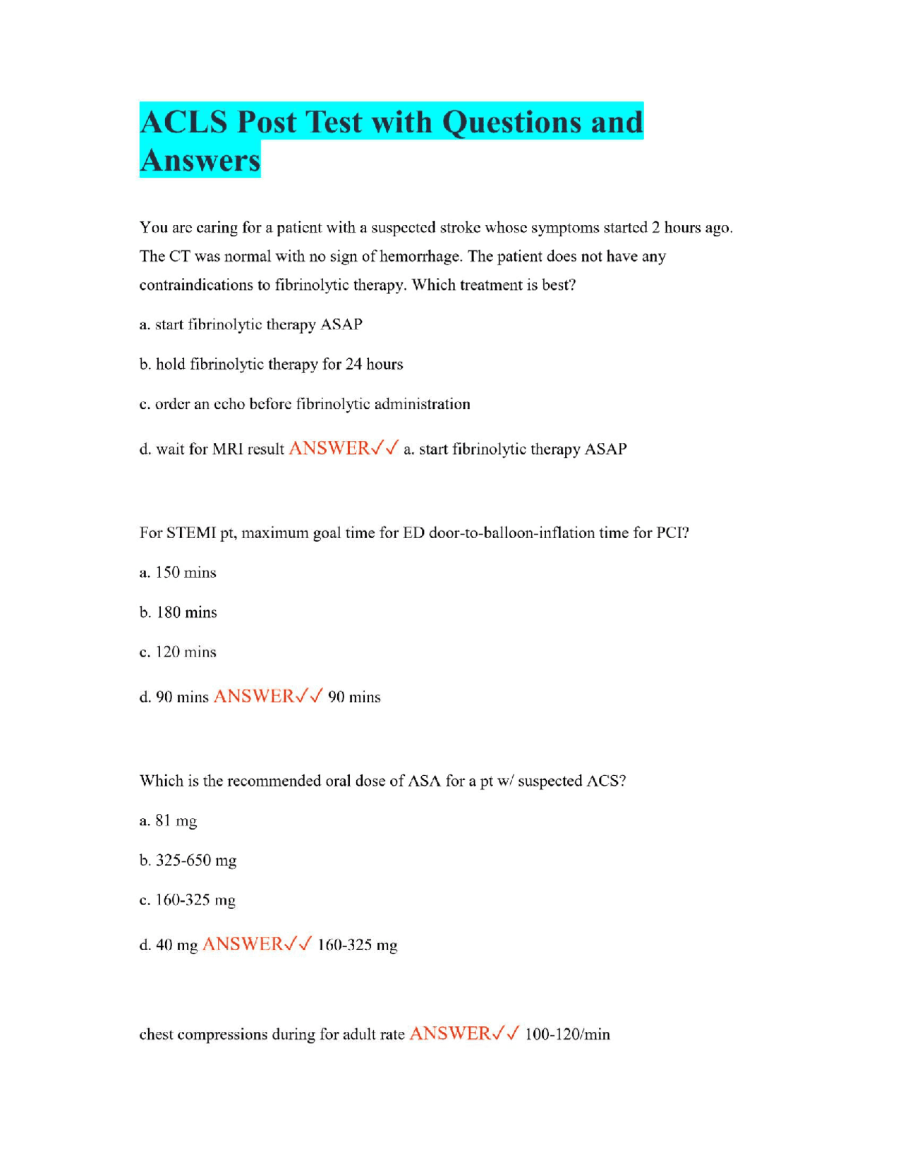ACLS Post Test with Questions and Answers | Exams Nursing | Docsity