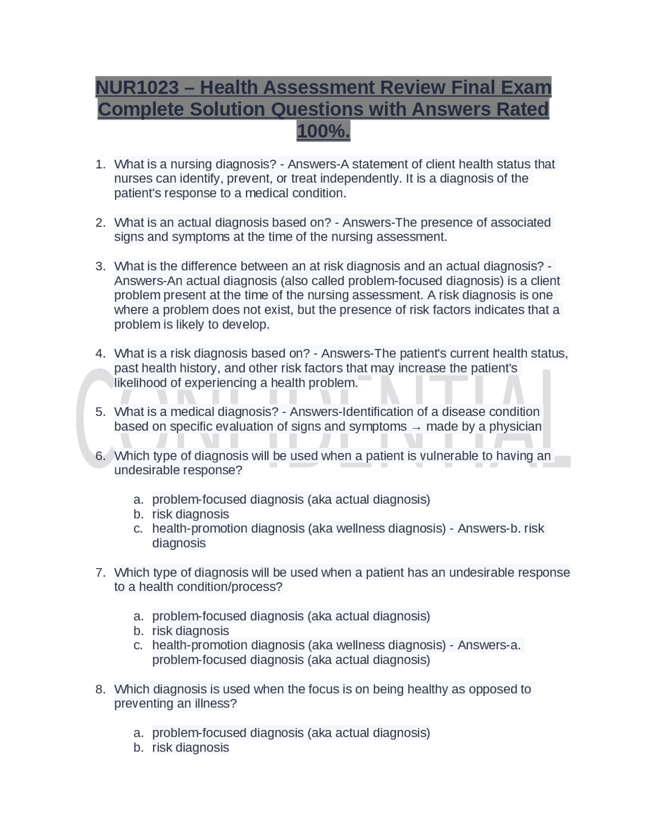 NUR1023 – Health Assessment Review Final Exam Complete Solution ...